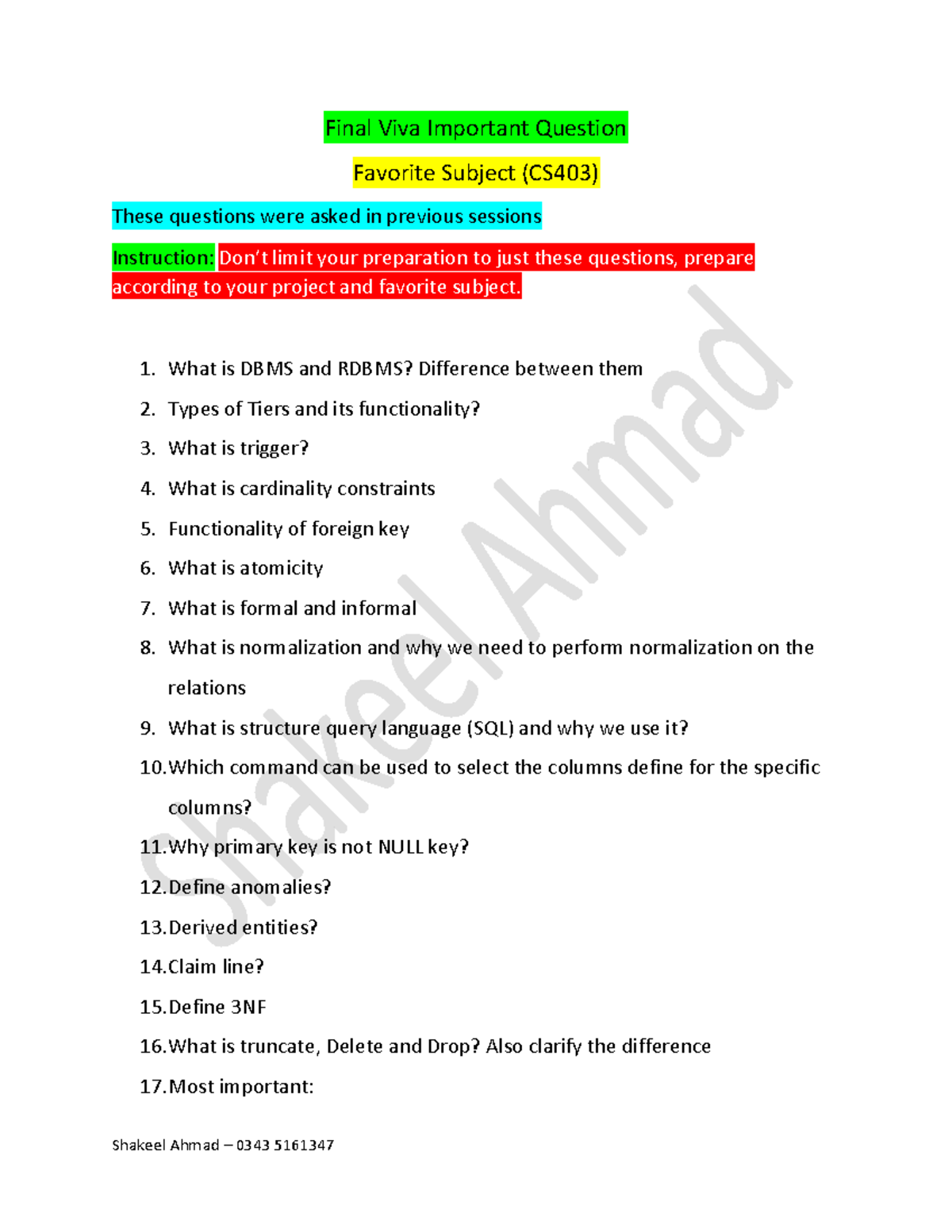 CS403 Important Questions (fav subject) - Shakeel Ahmad – 0343 5161347 Final Viva Important ...