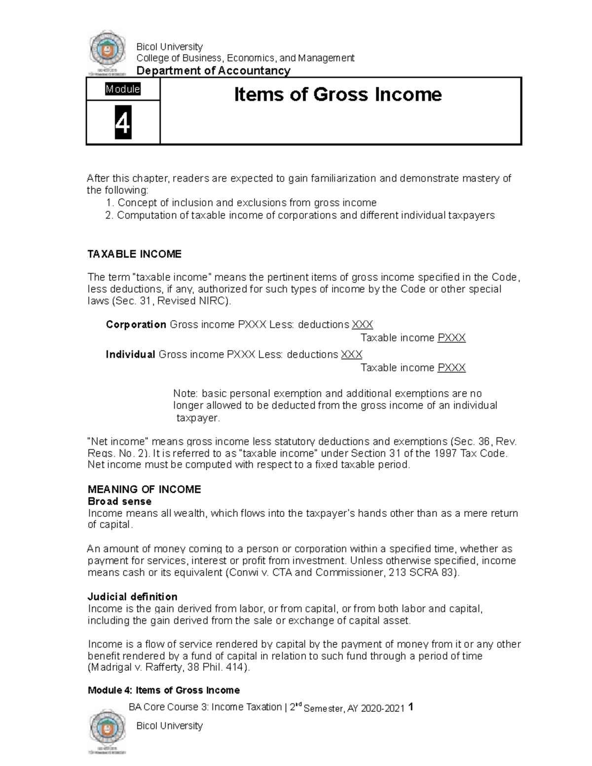 Module 4 - Items of Gross Income - Bicol University College of Business ...