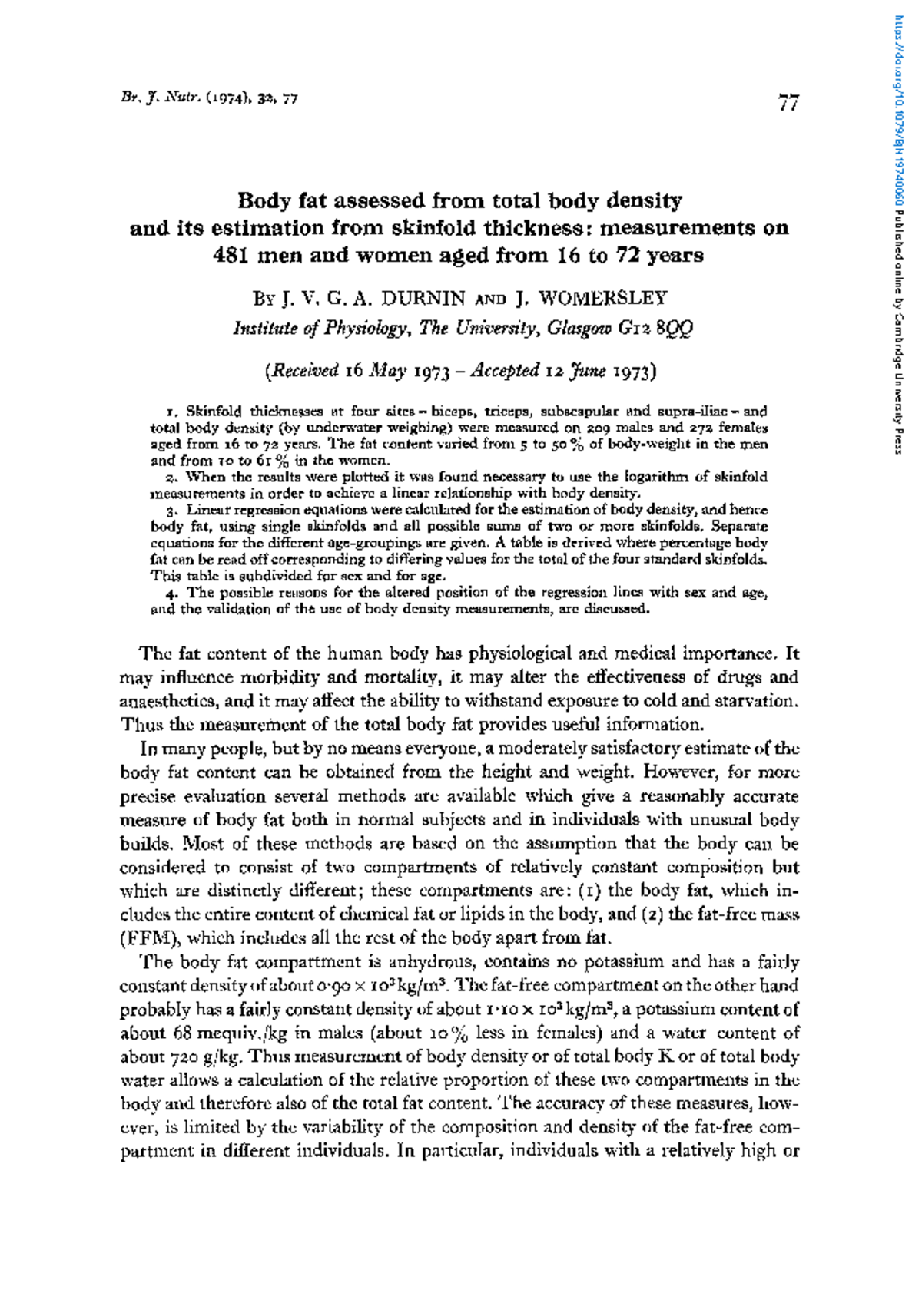 Body fat assessed from total body density and its estimation from ...