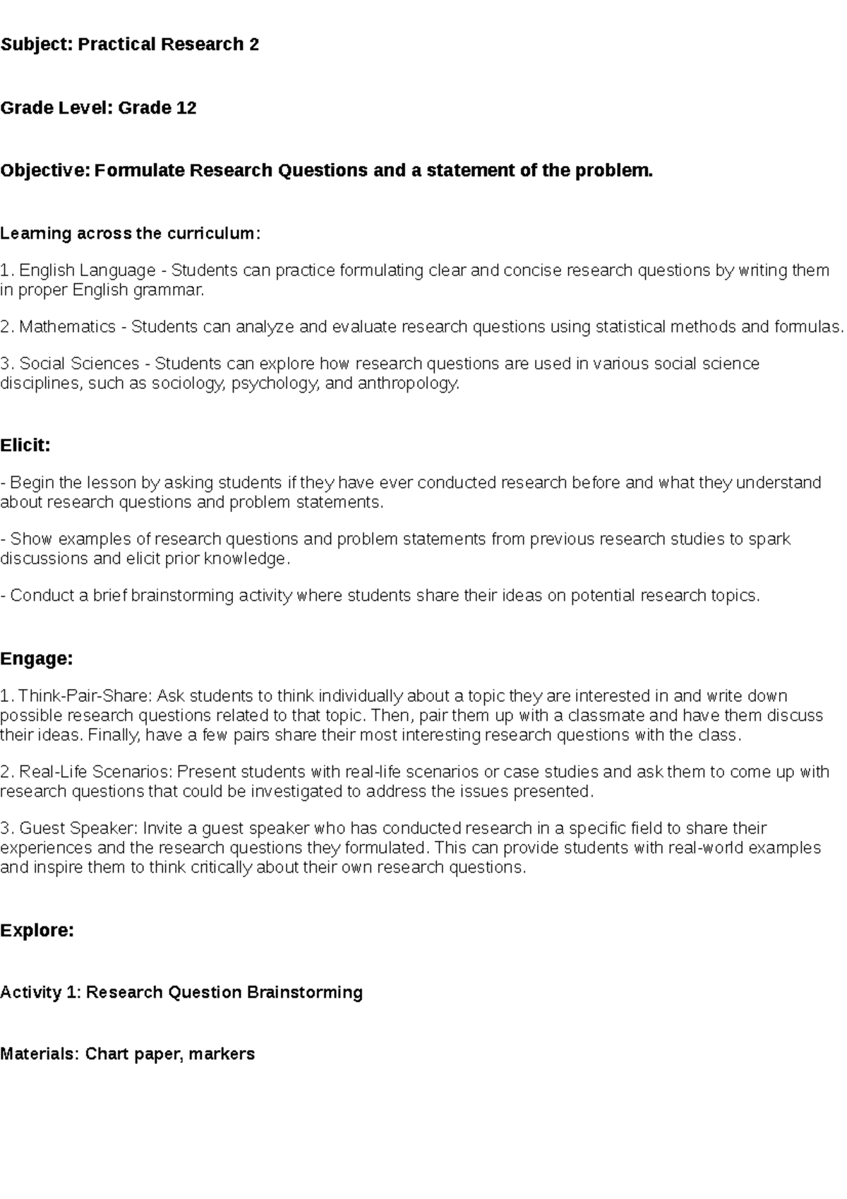 Lesson plan - ggtryrewew - Subject: Practical Research 2 Grade Level ...