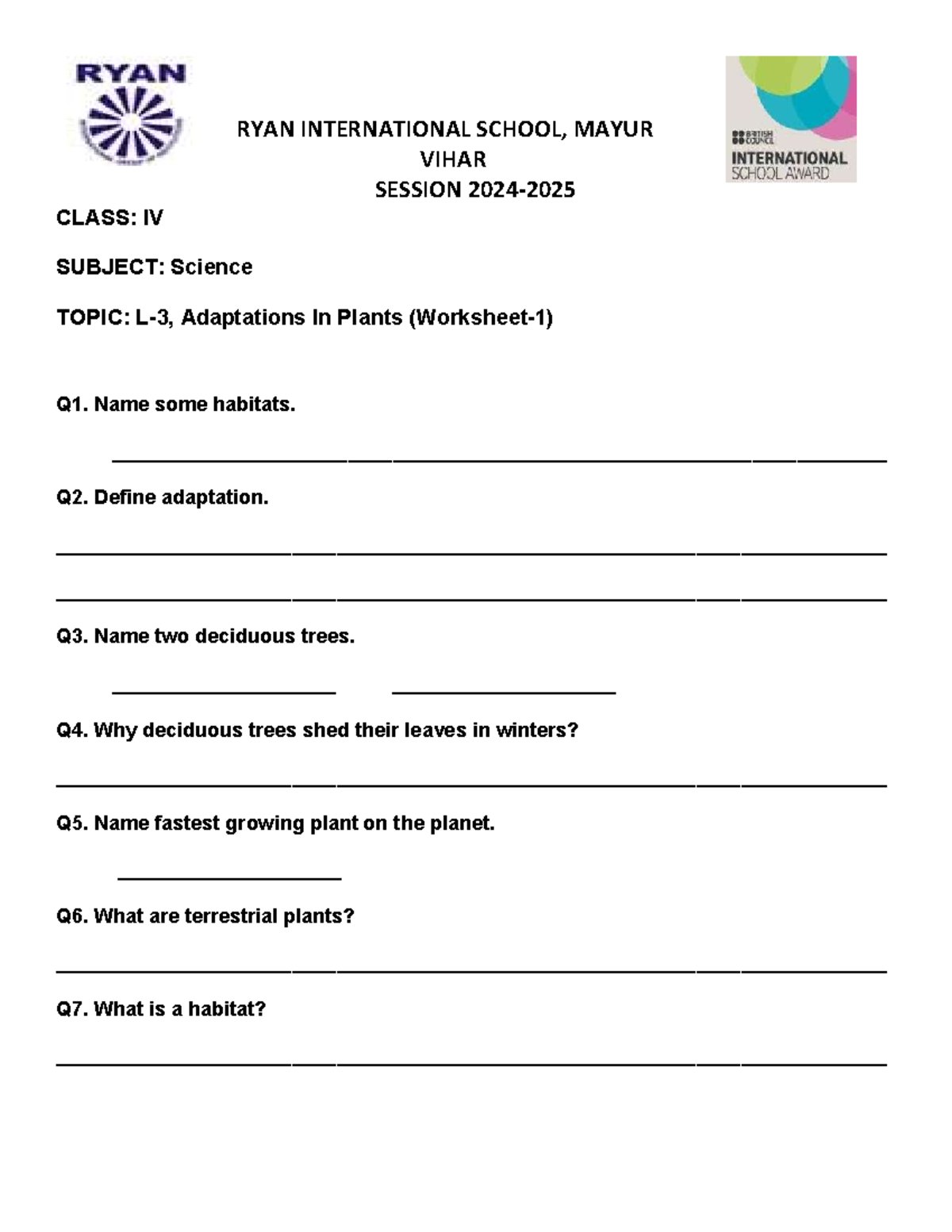 Science. Class-4 Worksheet-1 - RYAN INTERNATIONAL SCHOOL, MAYUR VIHAR ...