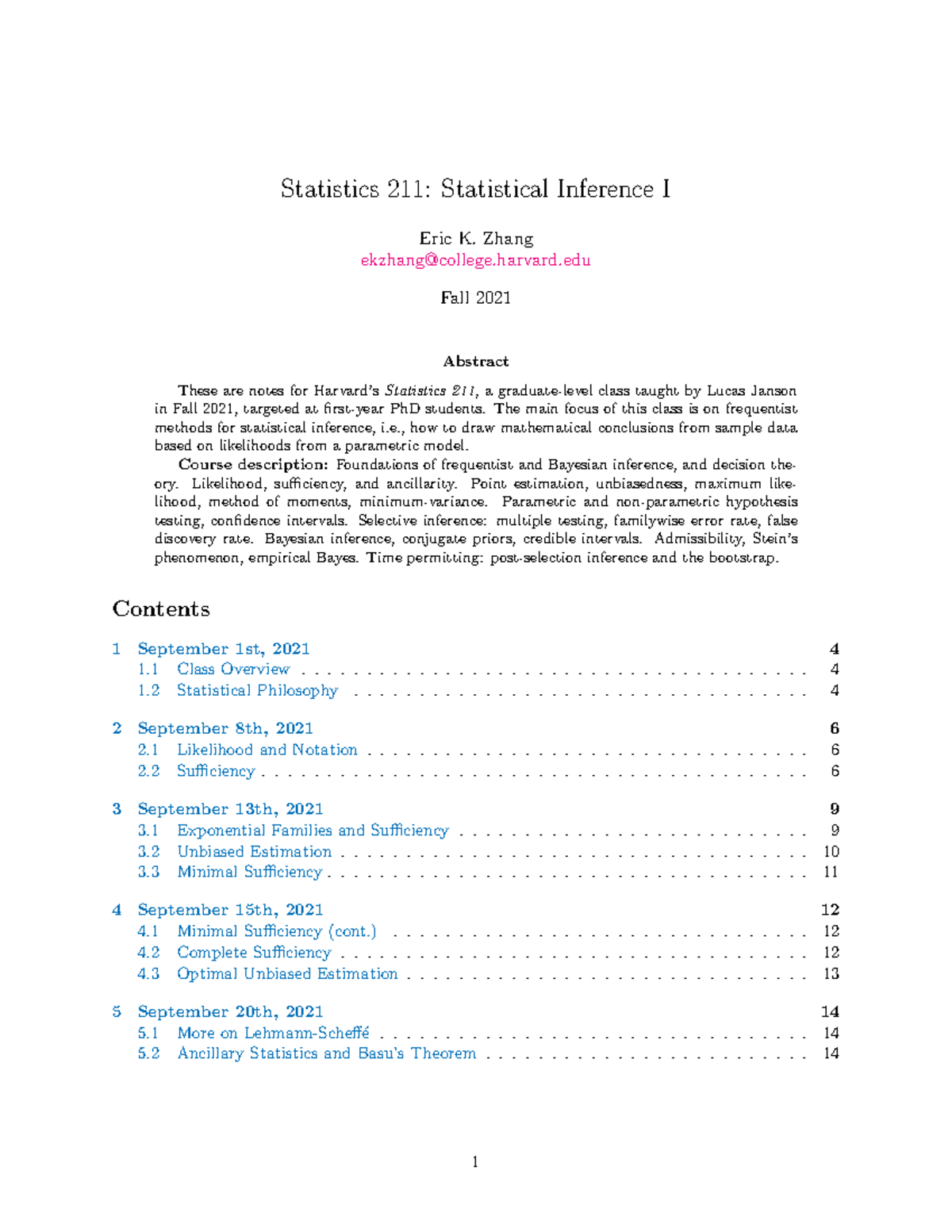 Stat inference to print - Statistics 211: Statistical Inference I Eric K. Zhang - Studocu