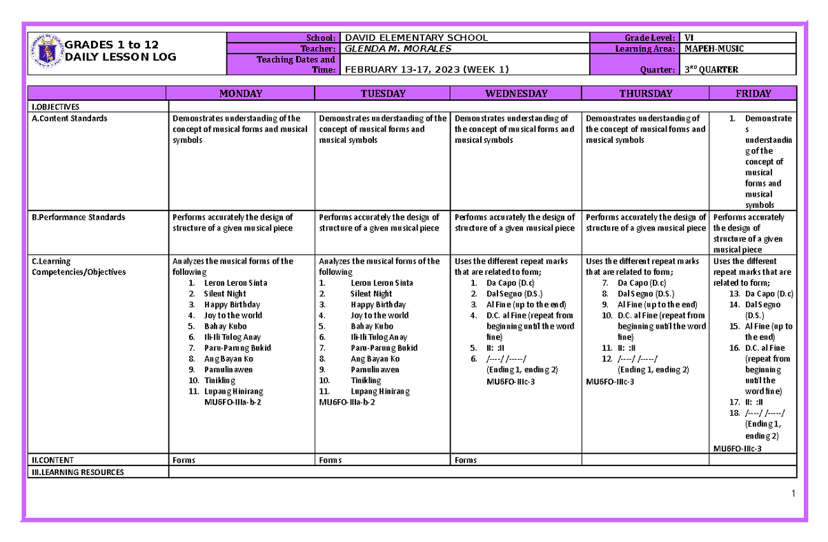 DLL Mapeh- Music 6 Q3 W1 - GRADES 1 to 12 DAILY LESSON LOG School ...