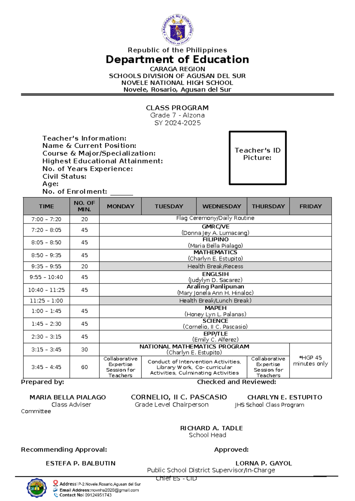 JHS Class Program Template 2024 2025 - Republic of the Philippines ...
