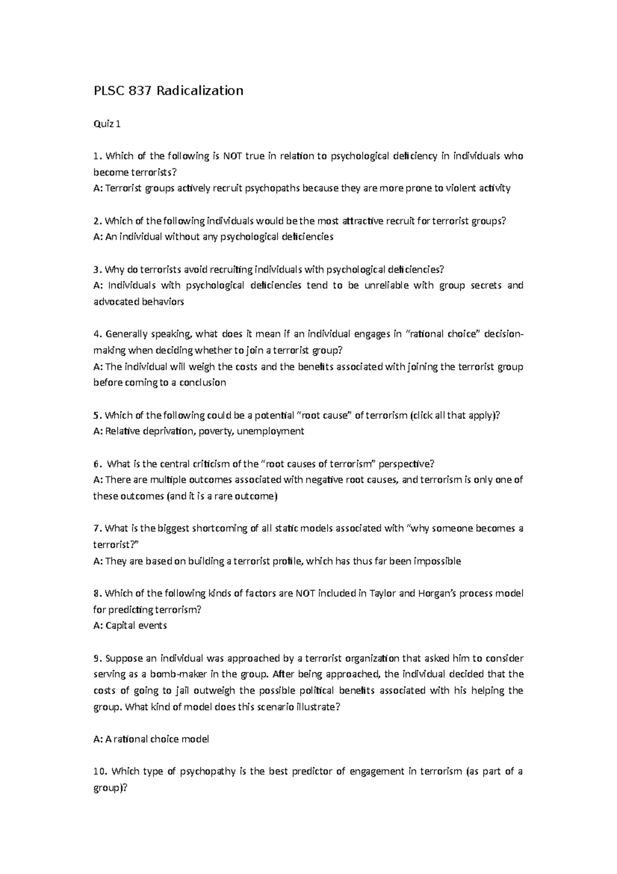PLSC 837 Q1 - Professor John Morrison - PLSC 837 Radicalization Quiz 1 ...