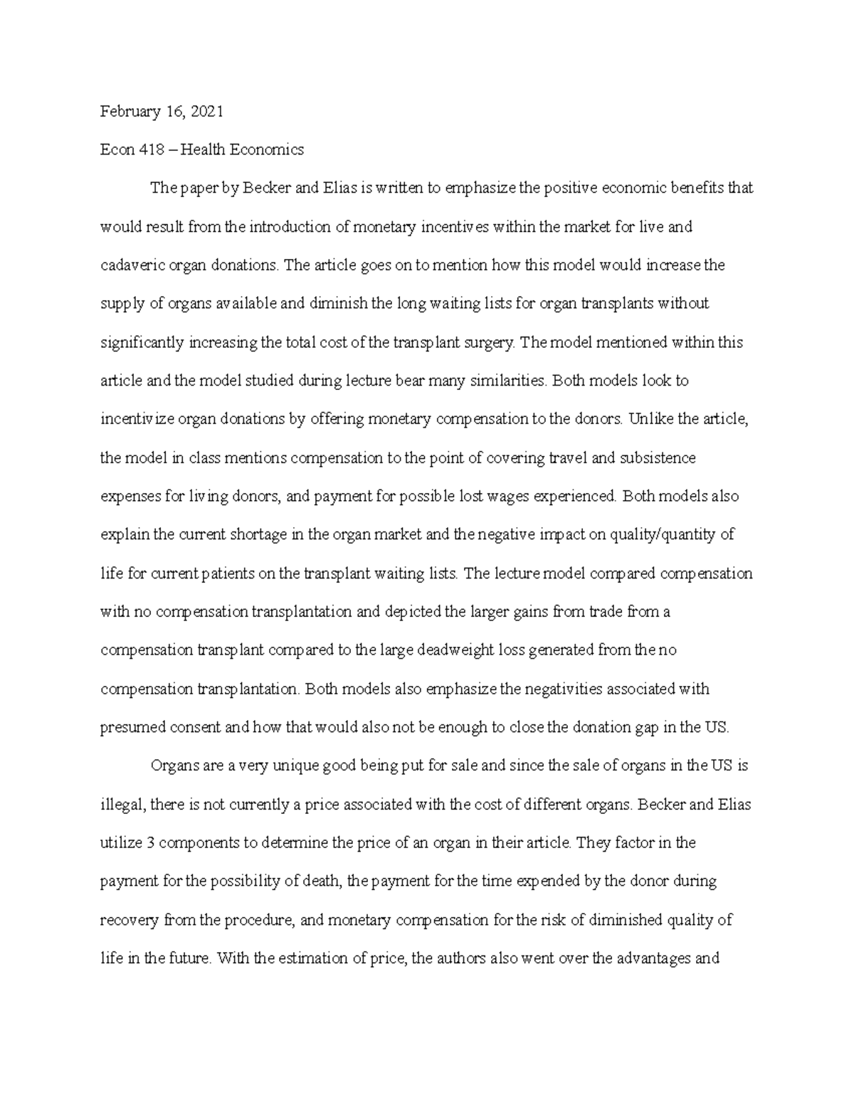 Becker Paper - Grade: A+ - February 16, 2021 Econ 418 – Health ...