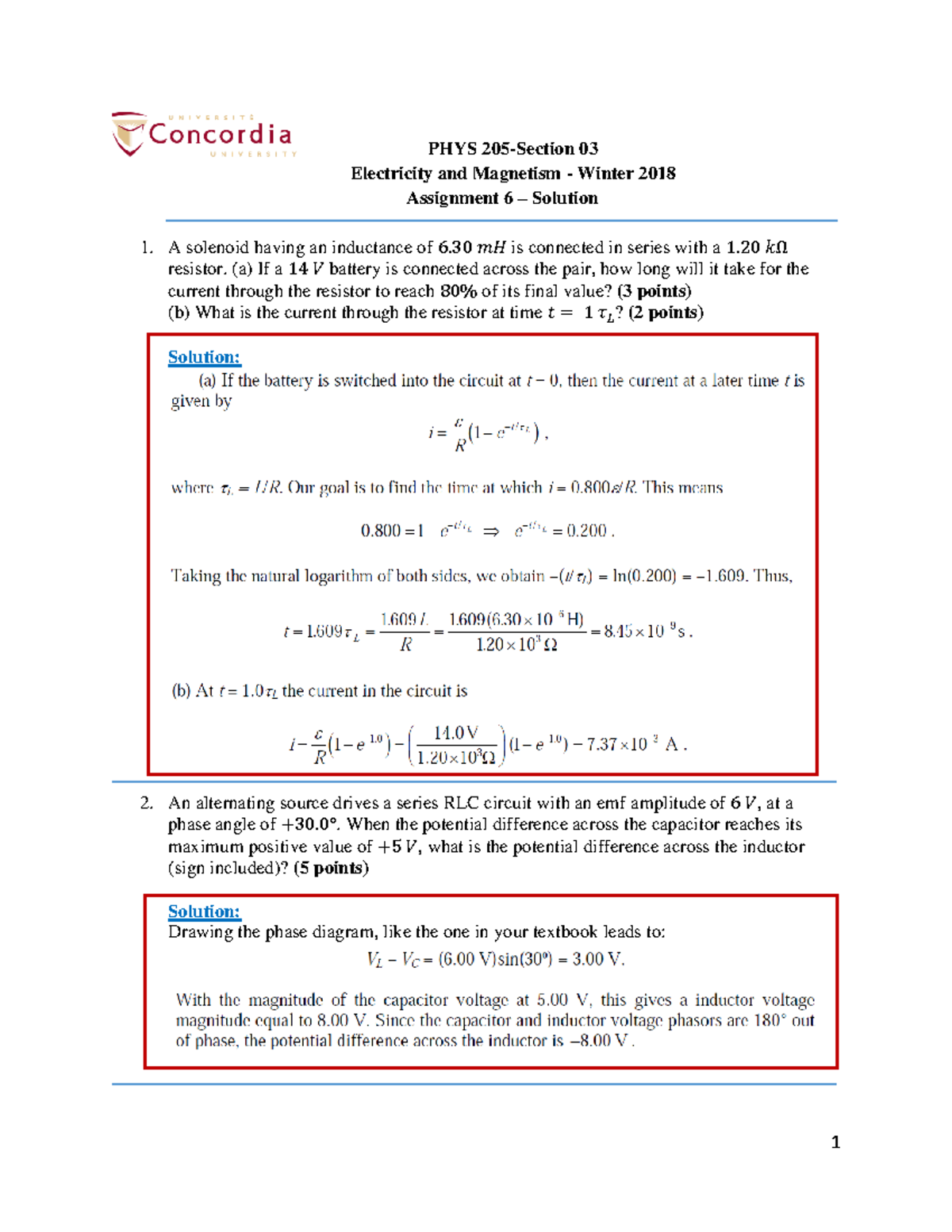 A6-Solutions - 1 PHYS 205-Section 03 Electricity and Magnetism - Winter 2018 Assignment 6 ...