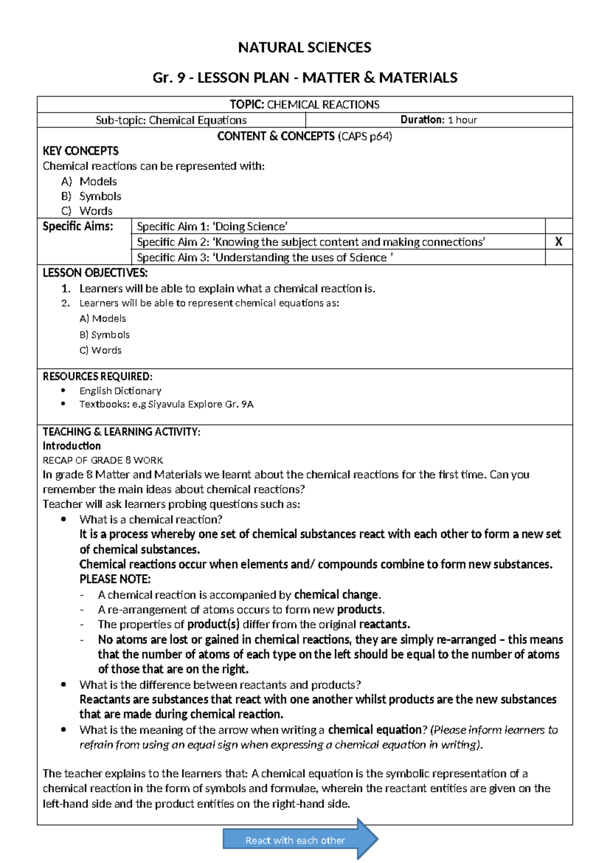 NS Grade 9 Chemical Reactions Acitivities - NATURAL SCIENCES Gr. 9 ...