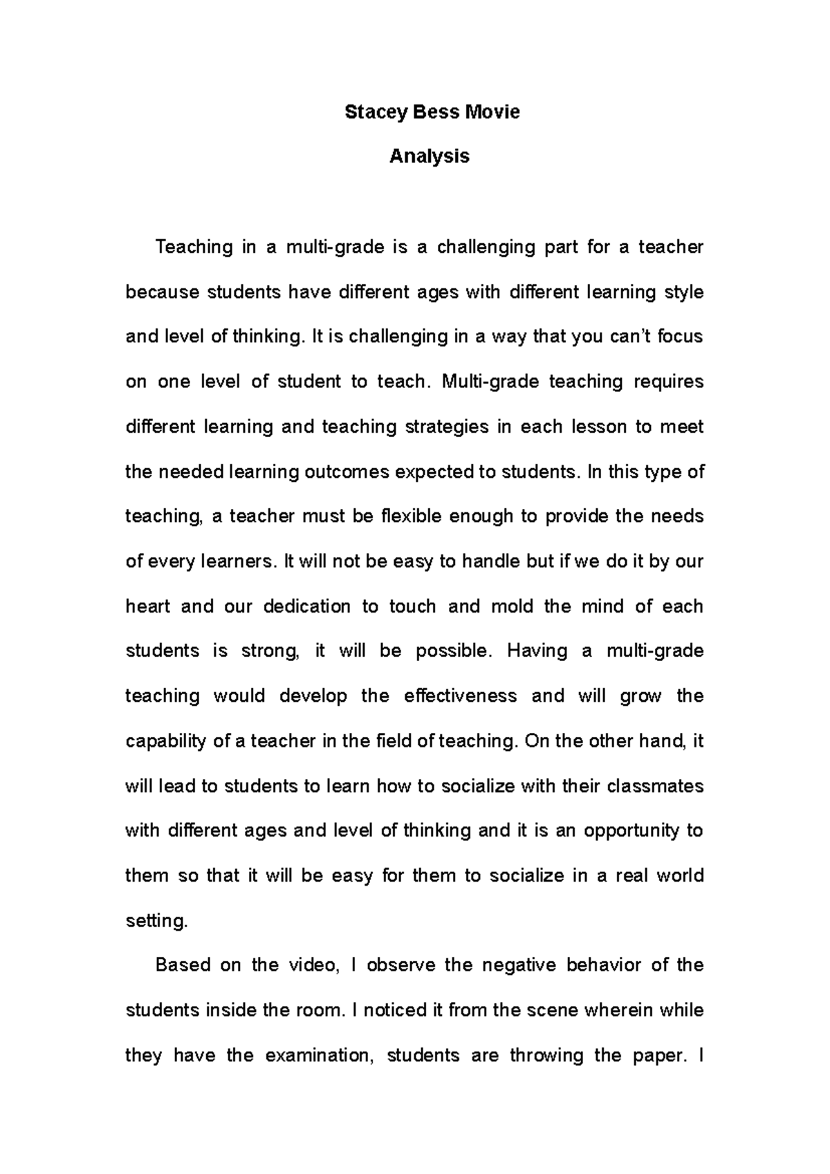 Stacey Bess Movie - Analysis - Stacey Bess Movie Analysis Teaching in a ...