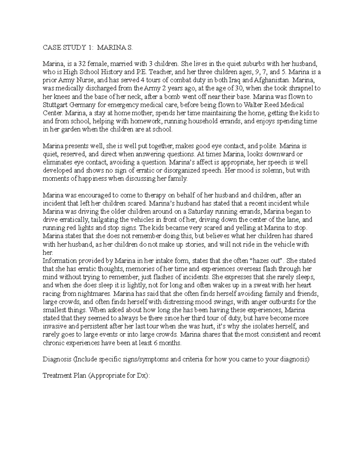 PSY 281- Case Study 1 - CASE STUDY 1: MARINA S. Marina, is a 32 female ...