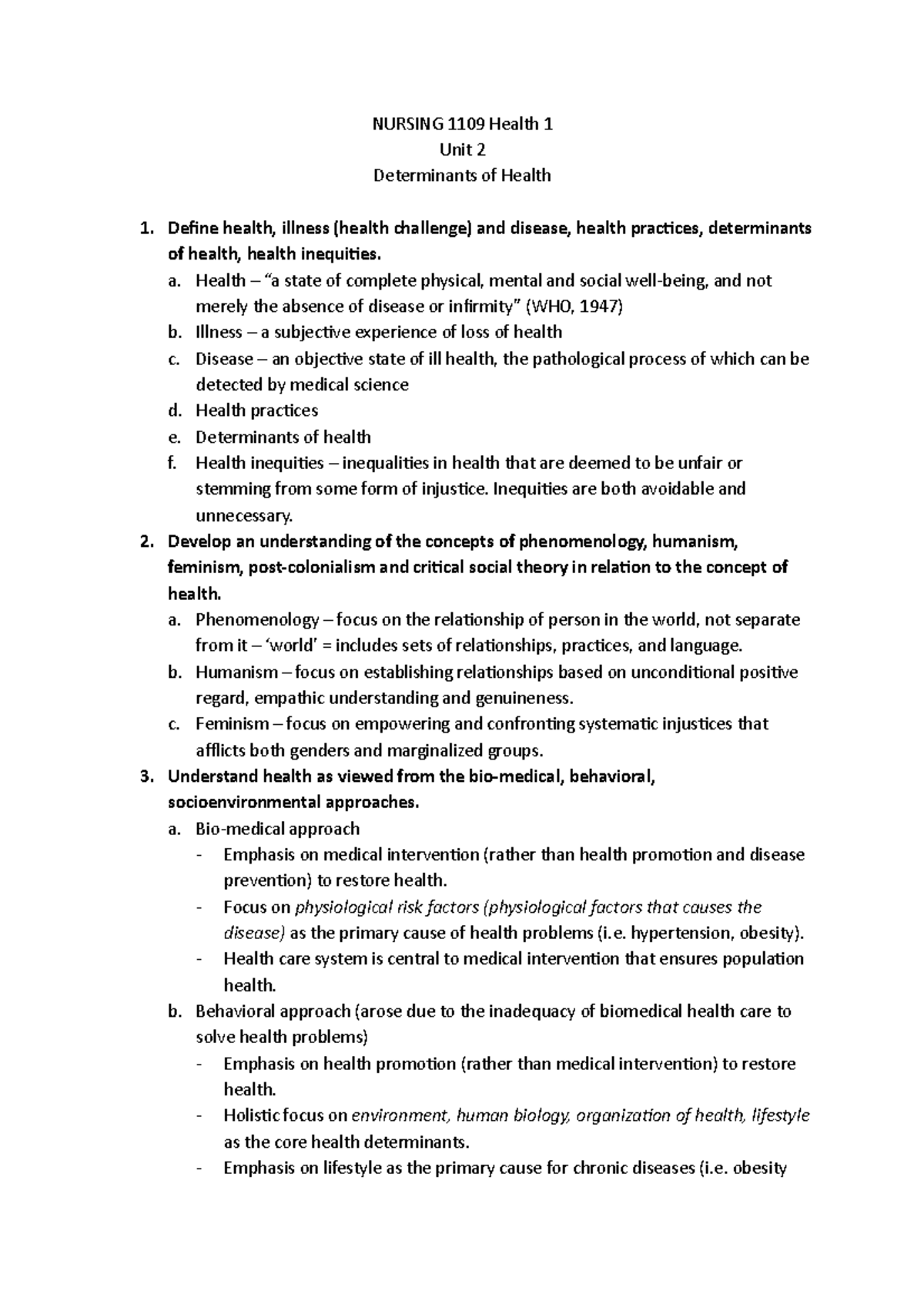 N1109 WEEK 2 - Determinants of Health - NURSING 1109 Health 1 Unit 2 ...
