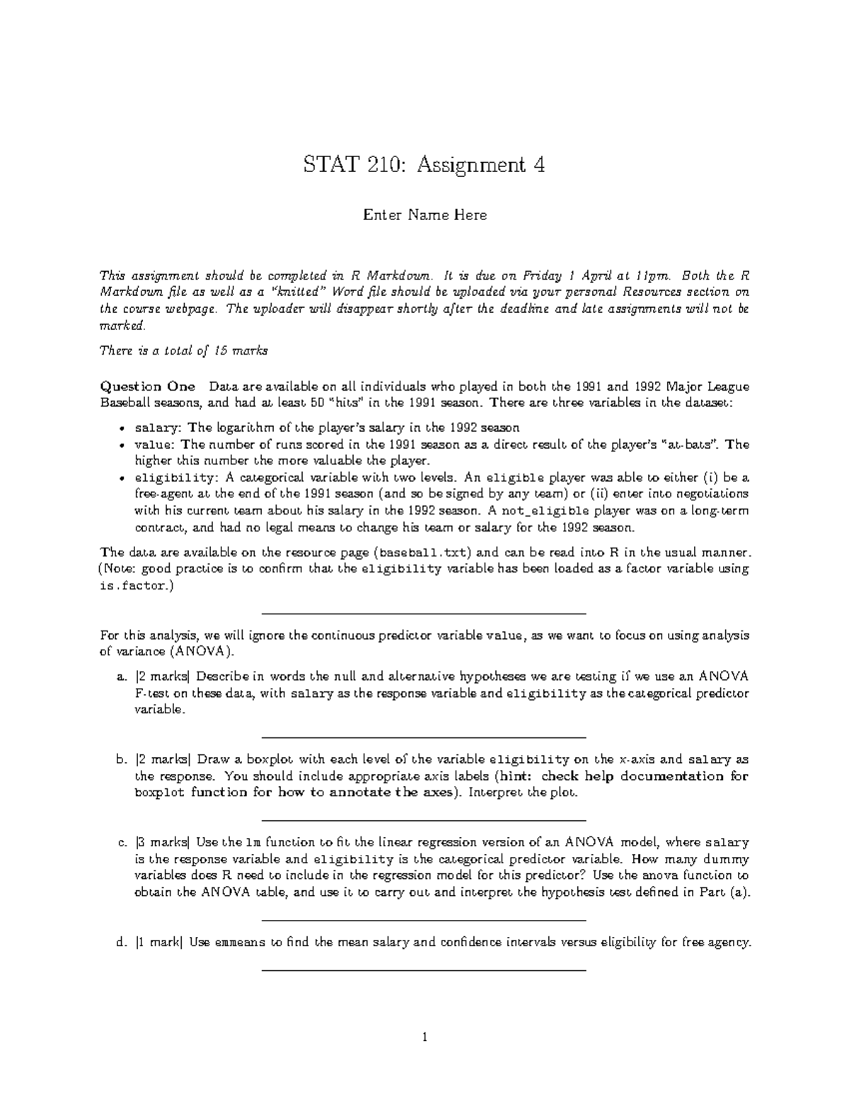 Ass4 2022 - Assignment 4 2022, STAT210. Part of the assignments for the course - STAT 210: - Studocu