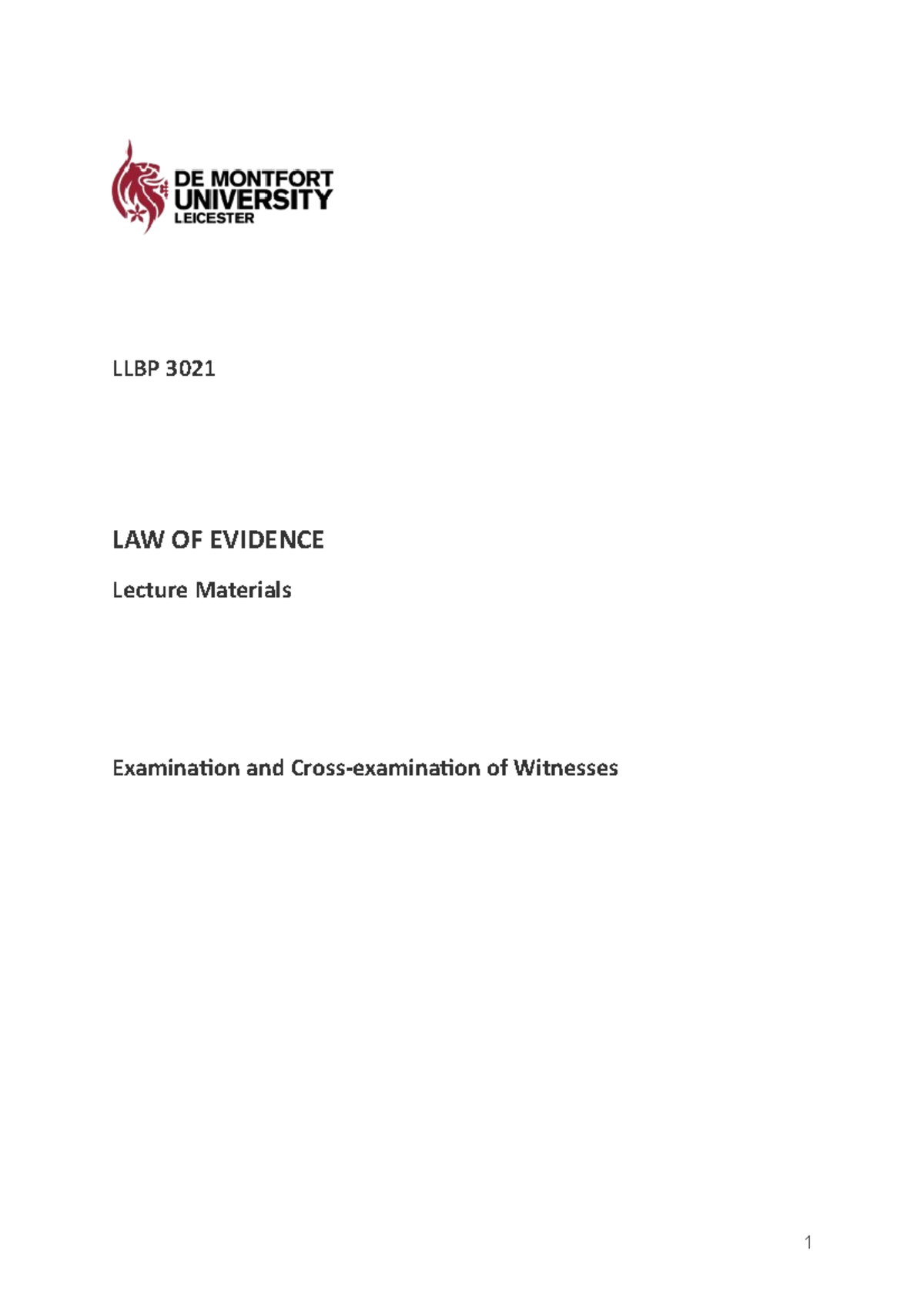 Examination of Witnesses Lecture Notes - LLBP 3021 LAW OF EVIDENCE ...