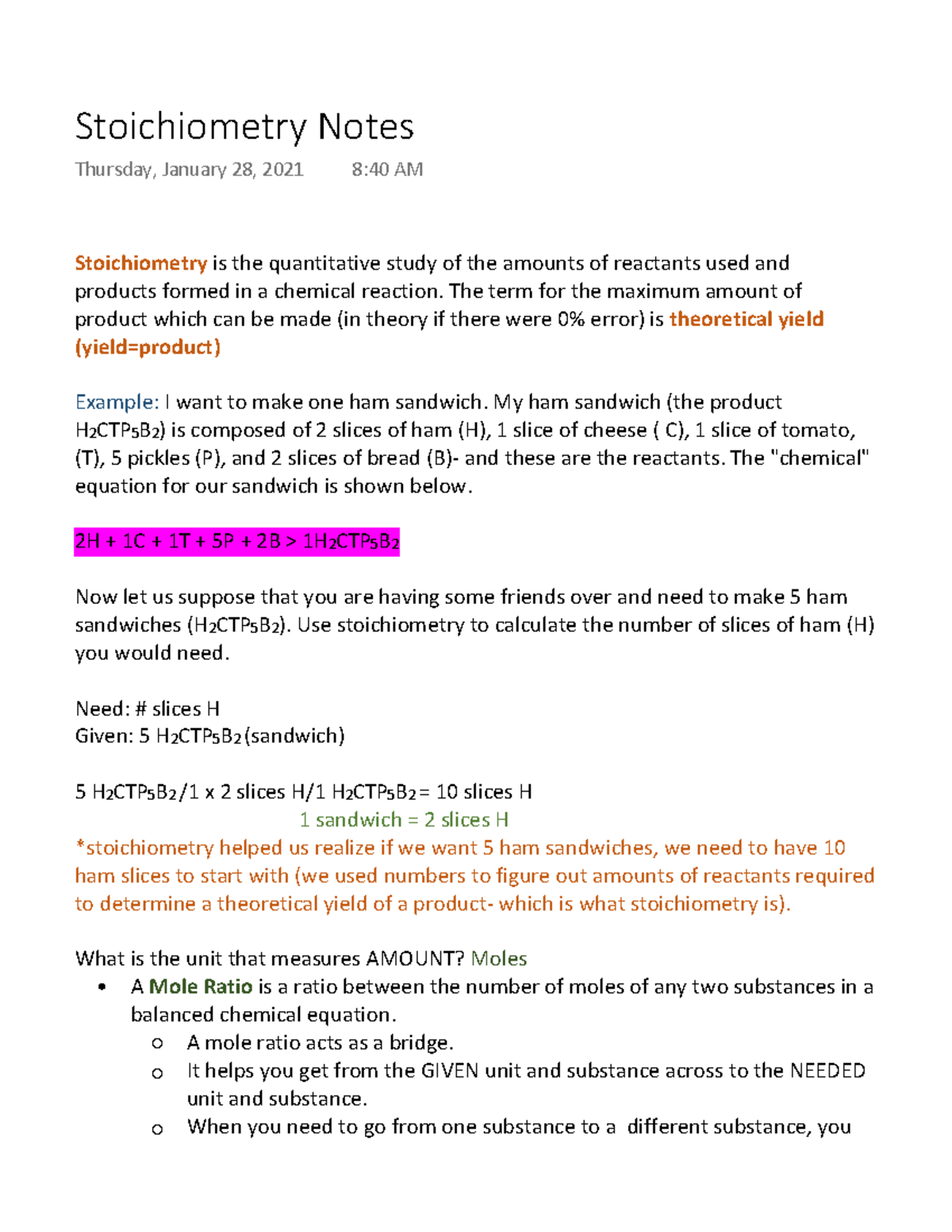 Stoichiometry Notes - Stoichiometry is the quantitative study of the ...
