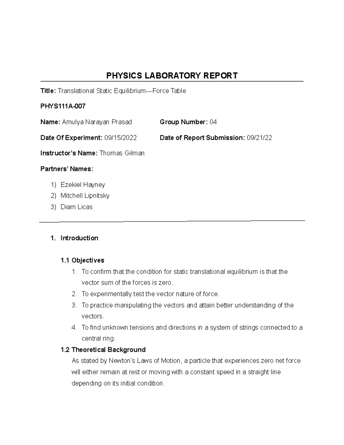 Physics laboratory report - PHYSICS LABORATORY REPORT Title ...