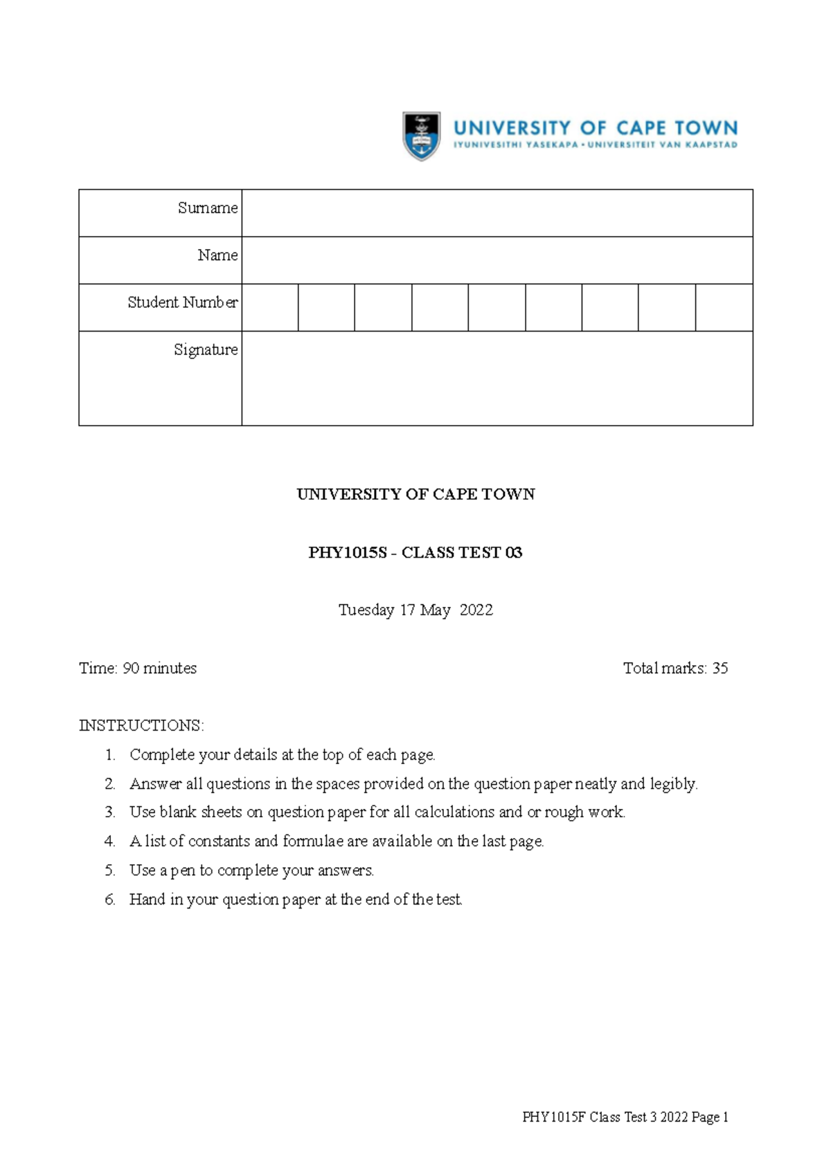 Class test 3 [PHY1015S] - PHY1015F Class Test 3 2022 Page 1 Surname ...