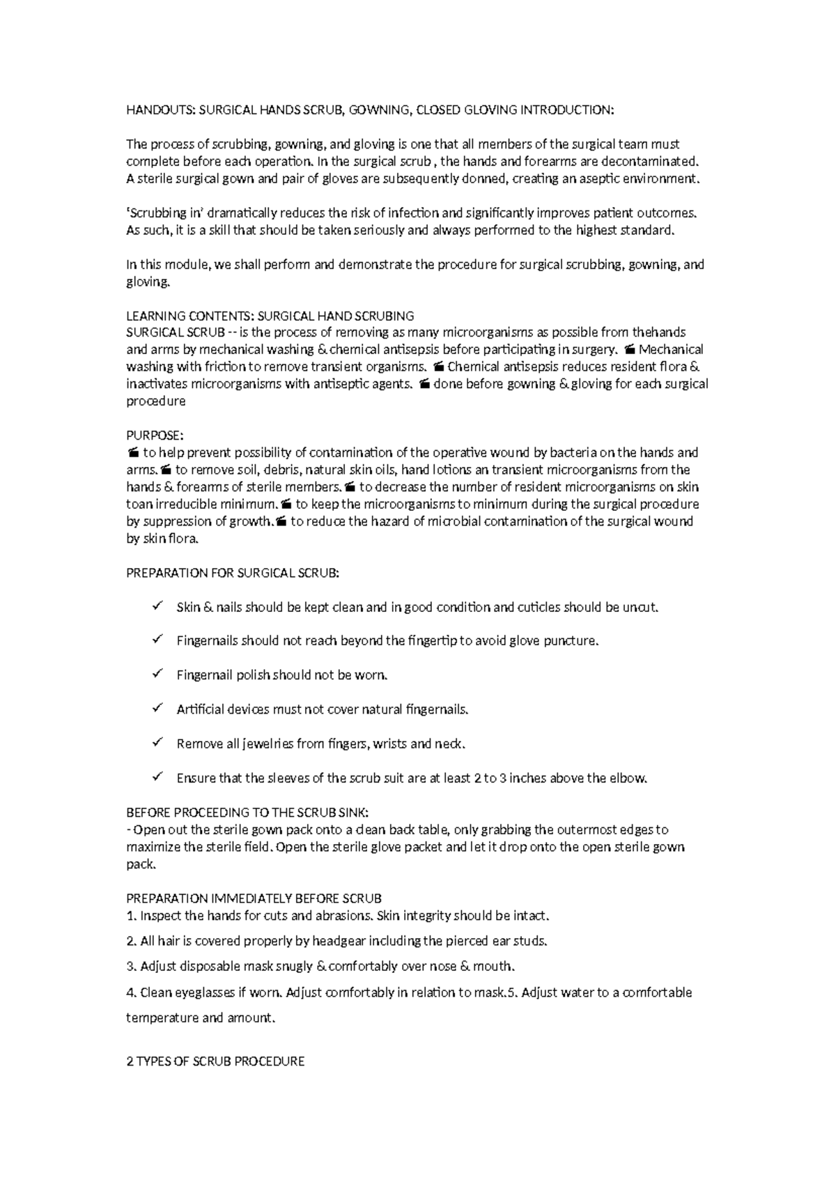 Gloving- Gowning- Handwashing - HANDOUTS: SURGICAL HANDS SCRUB, GOWNING ...