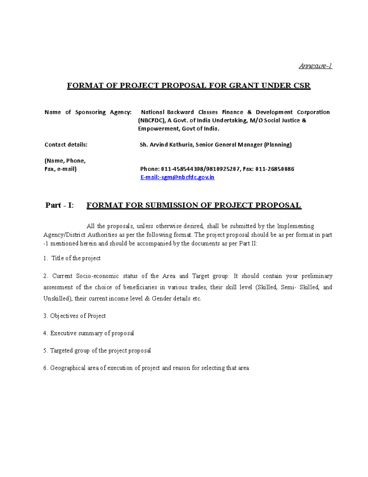 CSR-project format - Annexure- FORMAT OF PROJECT PROPOSAL FOR GRANT ...