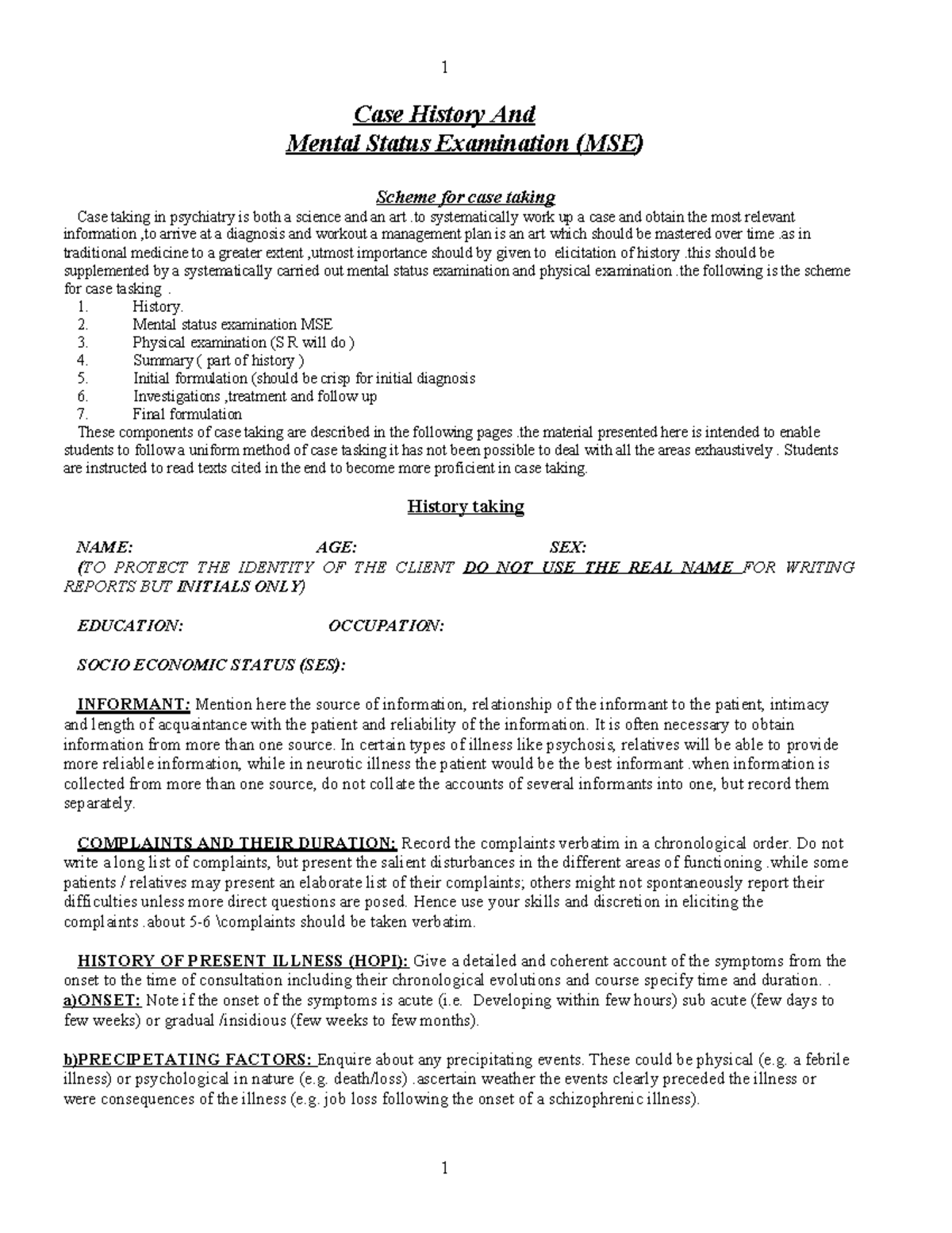 Case History and MSE - Case History And Mental Status Examination (MSE ...