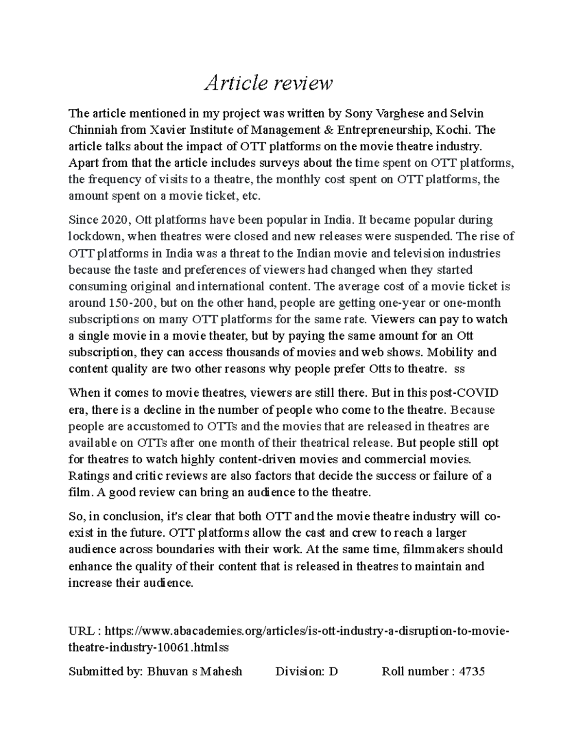 impact of OTT on film industry - Article review The article mentioned ...