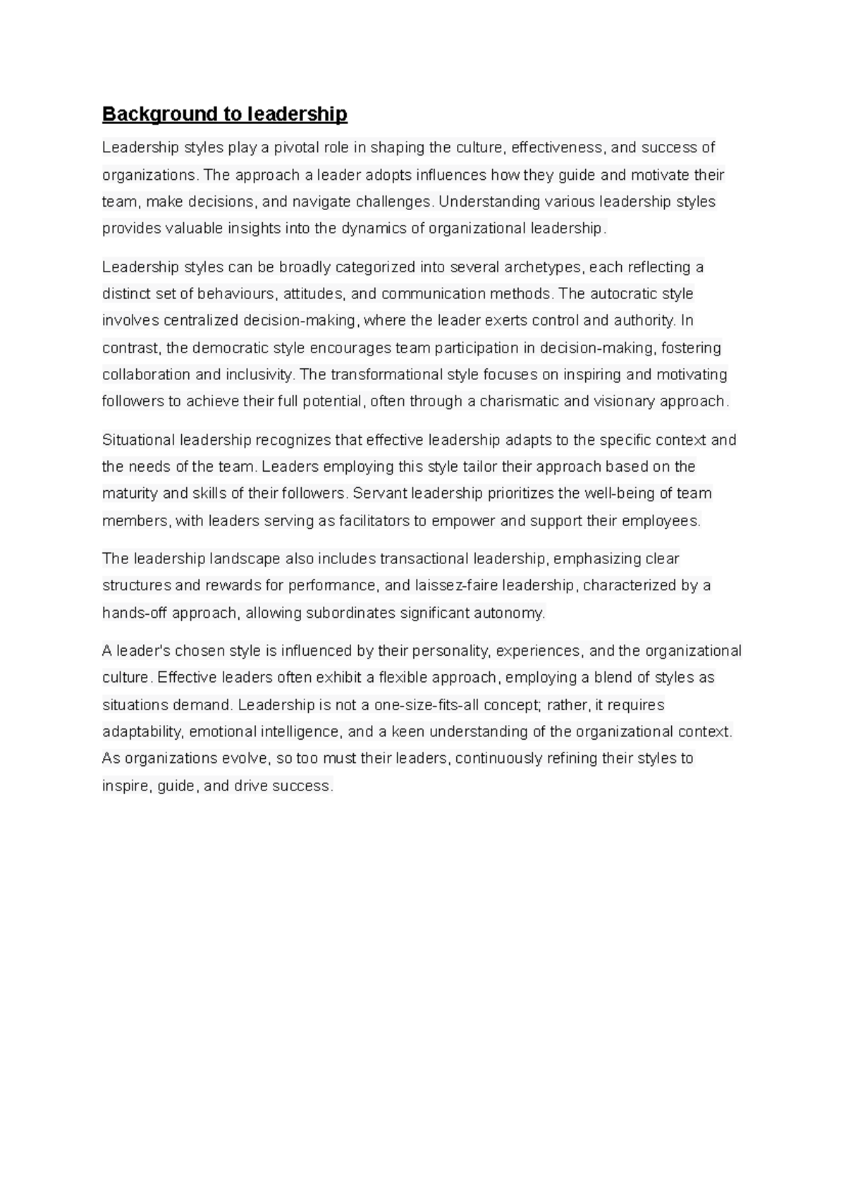 Background to leadership - Background to leadership Leadership styles ...