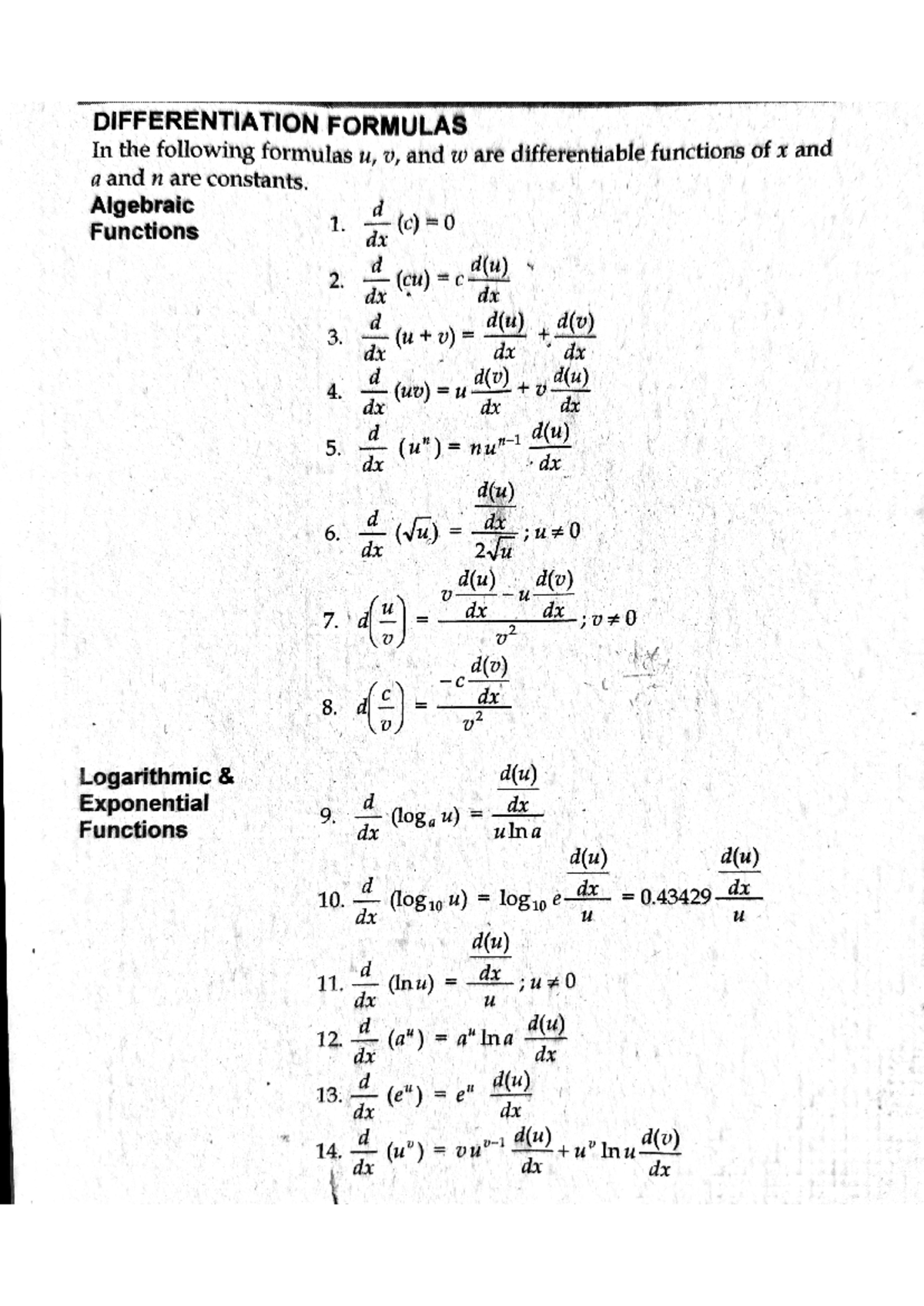 Differential Calculus - civil engineering - DIFFERENTIATION FORMULAS In ...