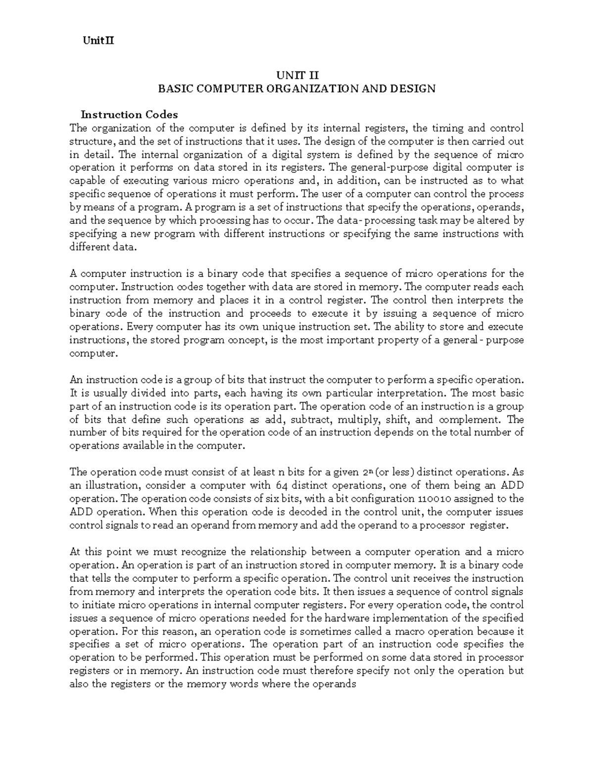 Cod u2 - notes on unit 2 - UNIT II BASIC COMPUTER ORGANIZATION AND ...