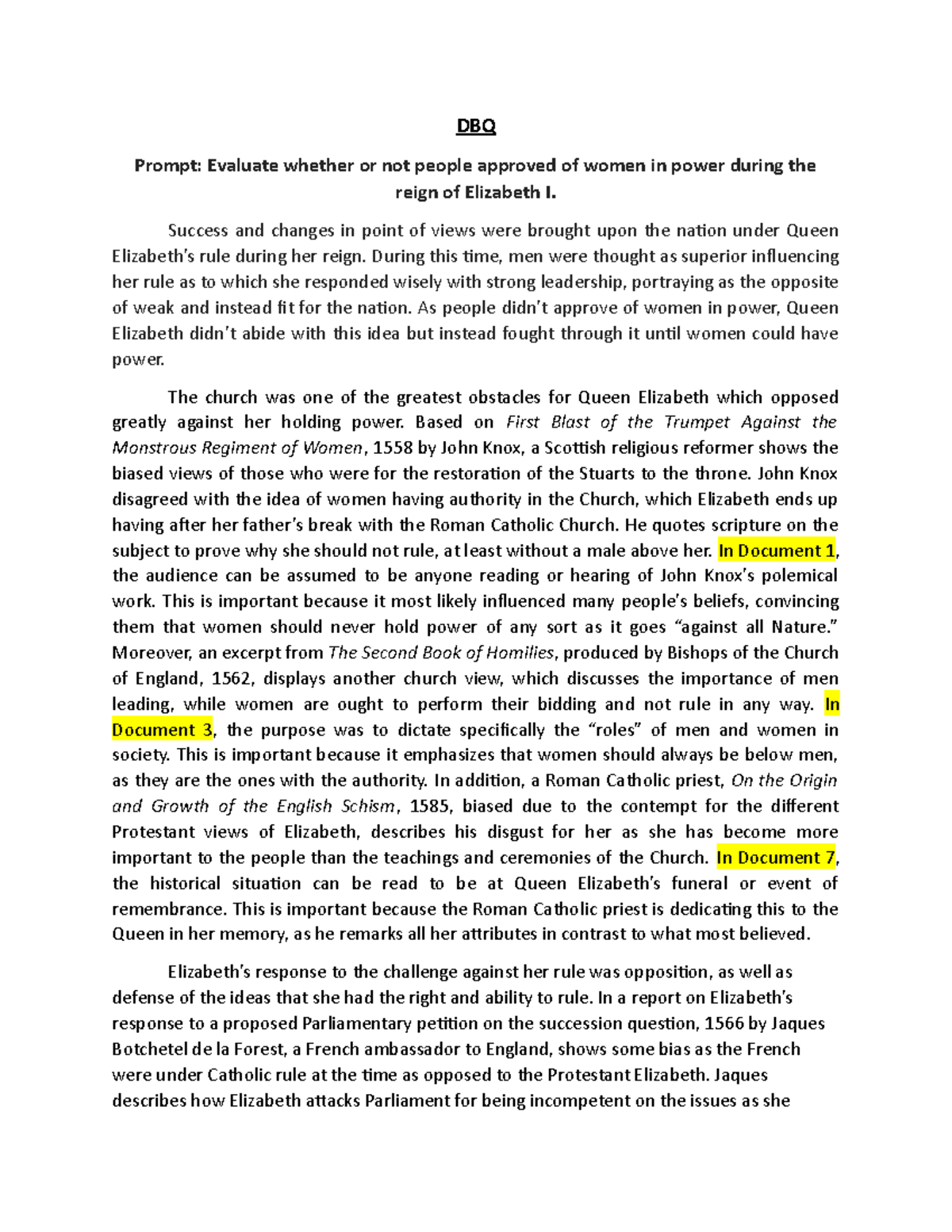 Elizabeth I DBQ - notes - DBQ Prompt: Evaluate whether or not people ...