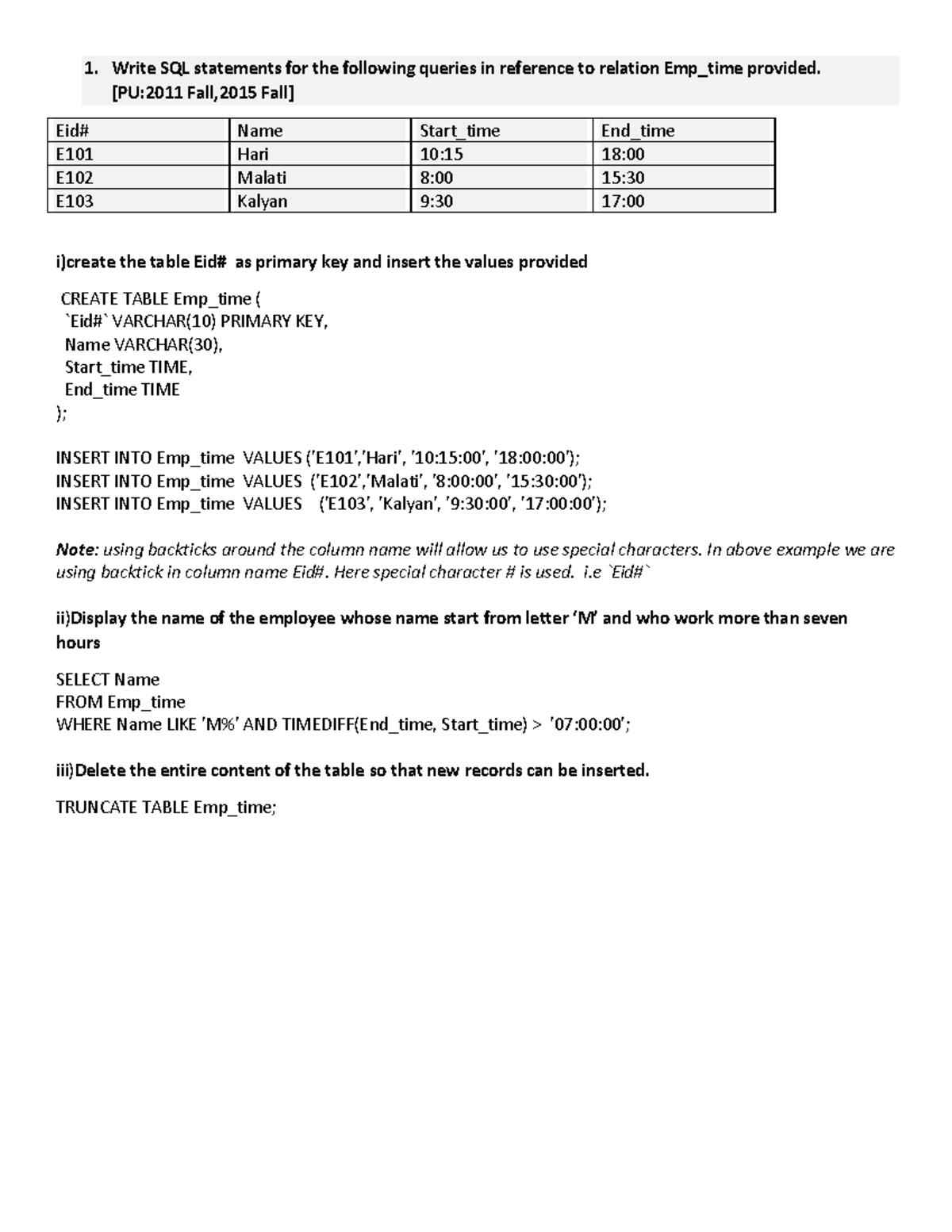 SQL old question solution - Write SQL statements for the following ...