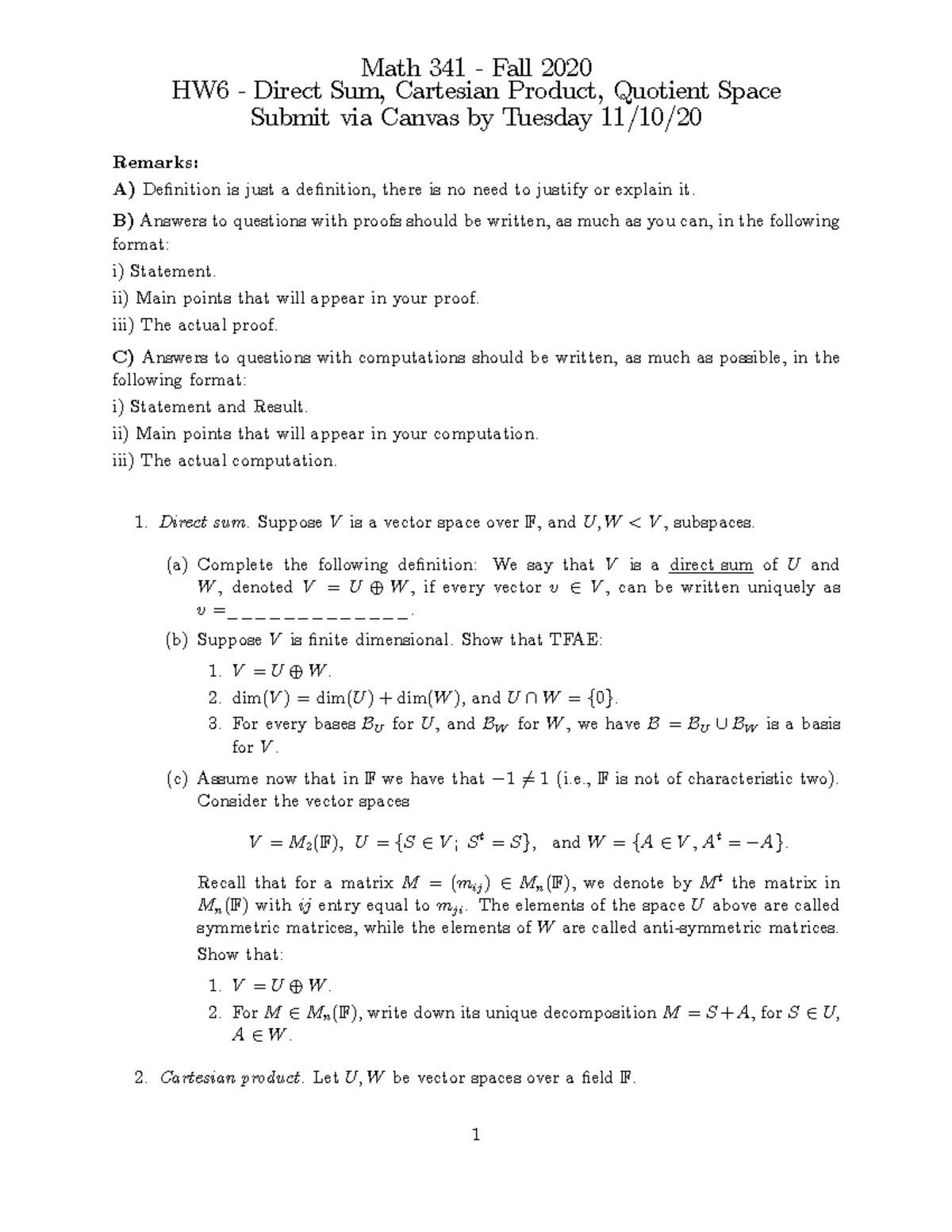 341-HW6-F20 - Fall 2020 - Math 341 - Fall 2020 HW6 - Direct Sum ...