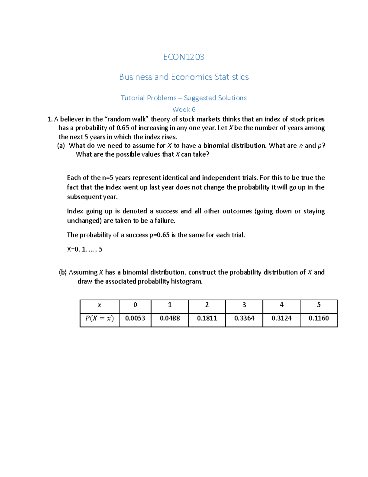 Week 6 - Solutions - ECON1203 Business and Economics Statistics ...