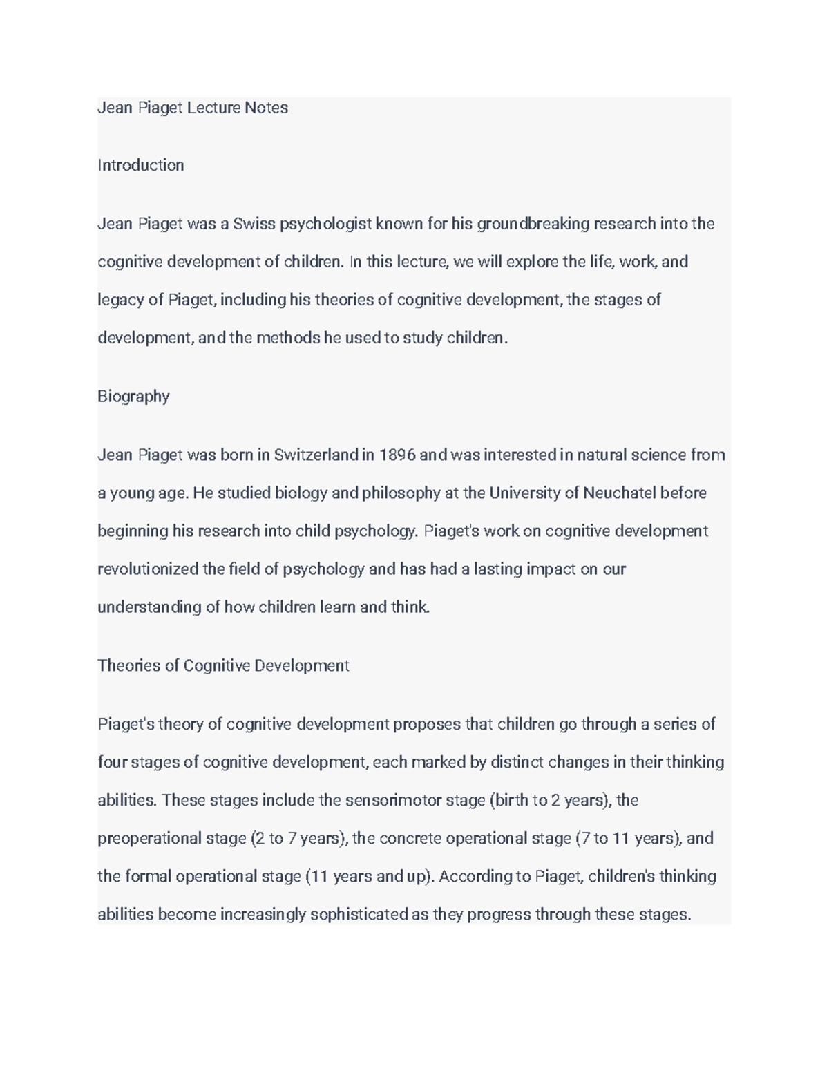 Jean Piaget - In this lecture, we will explore the life, work, and ...