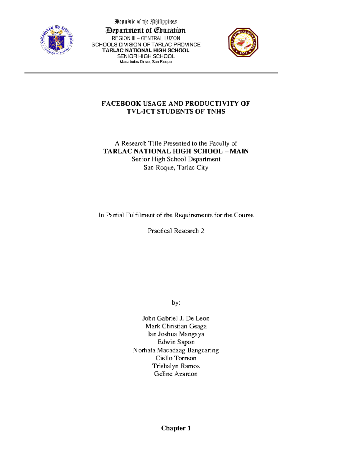 Facebook Usage AND Productivity OF TVL-ICT Students OF TNHS ( Chapter 1 ...