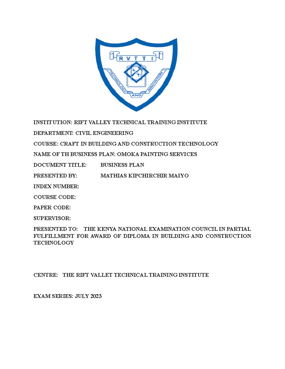 Painting - INSTITUTION: RIFT VALLEY TECHNICAL TRAINING INSTITUTE ...