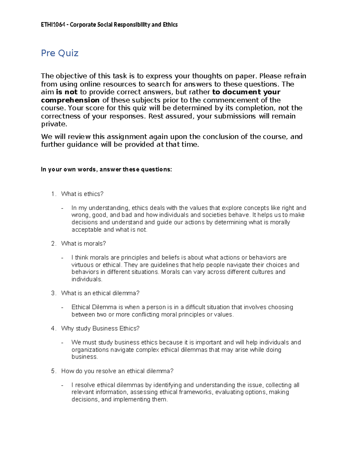 Pre-Quiz Corporate Social Responsibilities and Ethics - ETHI1064 ...
