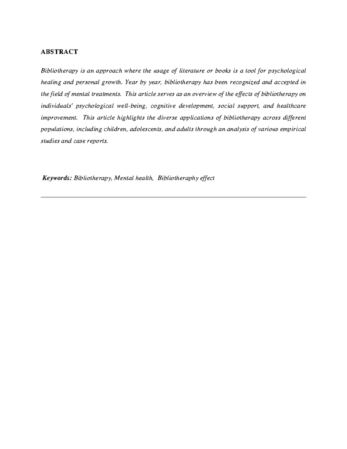 IML601 Topic Assignment - ABSTRACT Bibliotherapy is an approach where ...