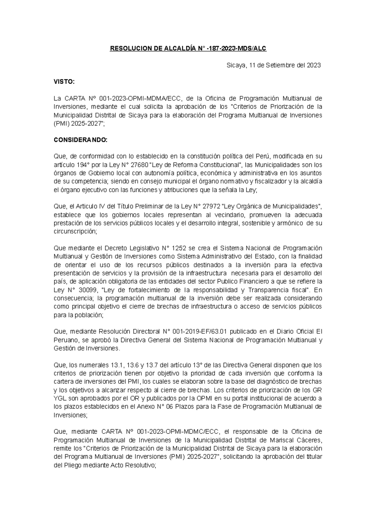 Modelo Resolucion CP-MC - RESOLUCION DE ALCALDÍA N° -187-2023-MDS/ALC ...