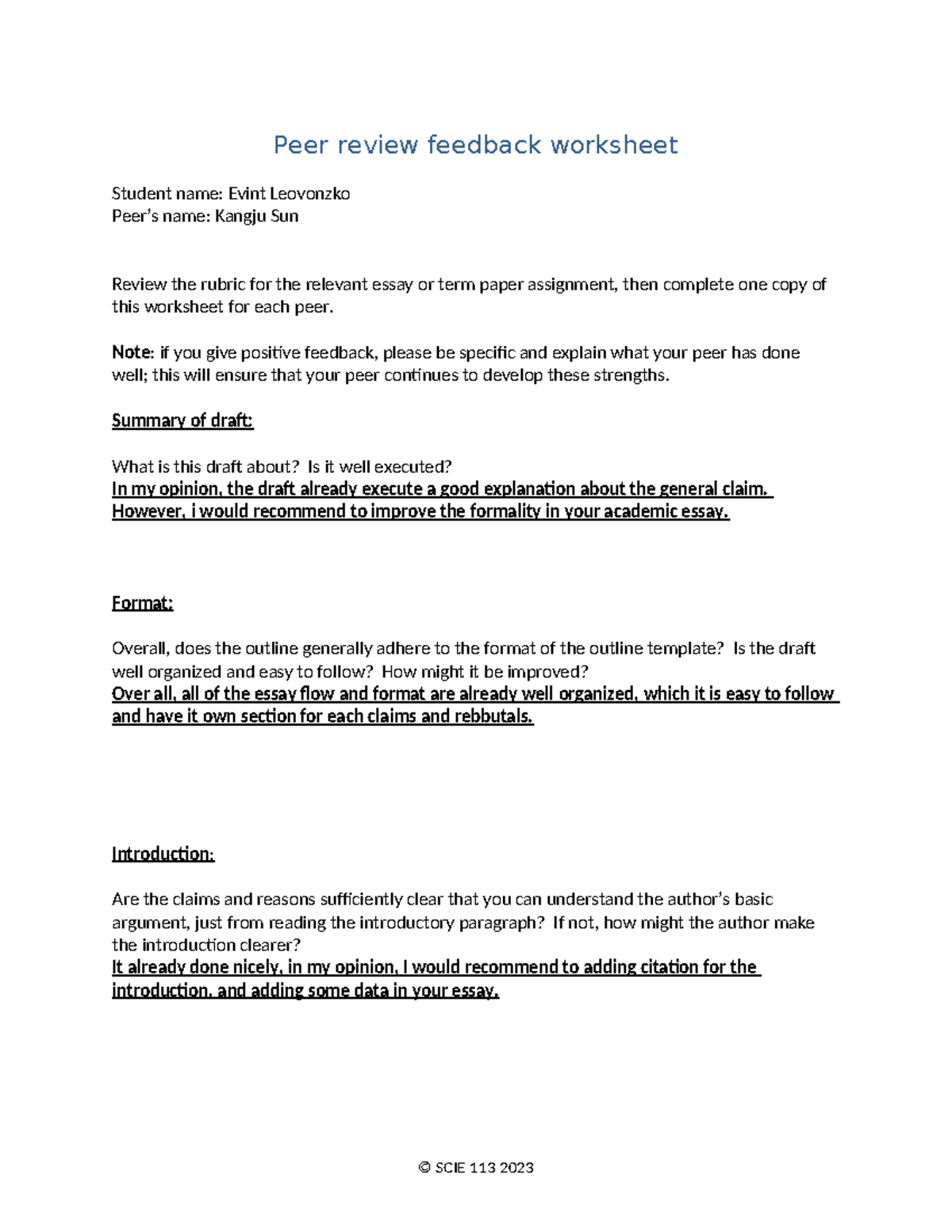 Worksheet Peer Review Feedback - Peer review feedback worksheet Student ...