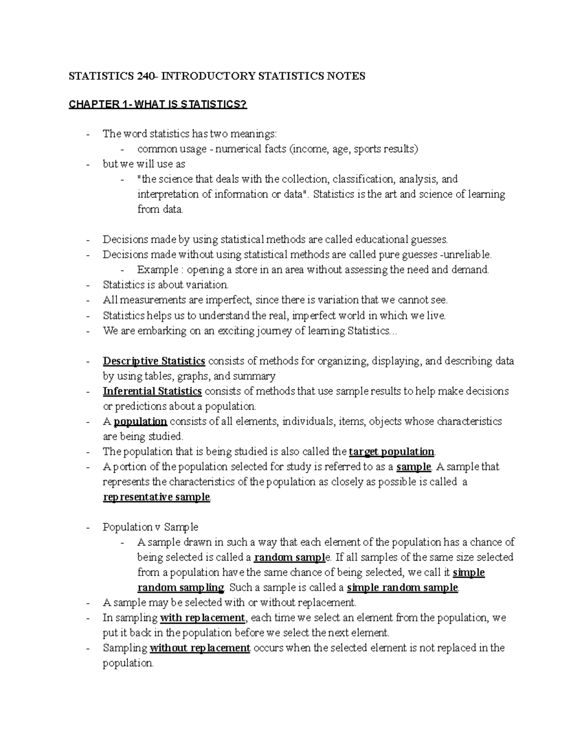 Statistics 240 Notes Statistics 240 Introductory Statistics Notes Chapter 1 What Is 