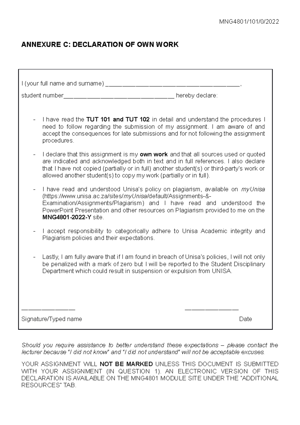 Declaration 2022 - learning new ideas everyday - MNG4801/101/0/ ANNEXURE C: DECLARATION OF OWN ...