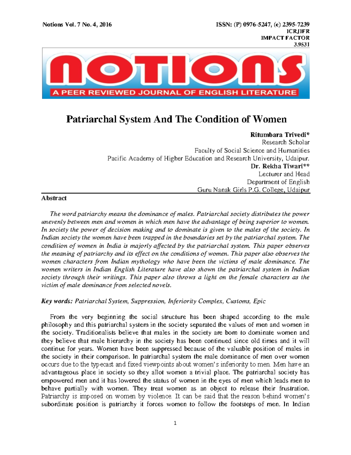 Patriarchy and position of women - ICRJIFR IMPACT FACTOR 3. Patriarchal ...