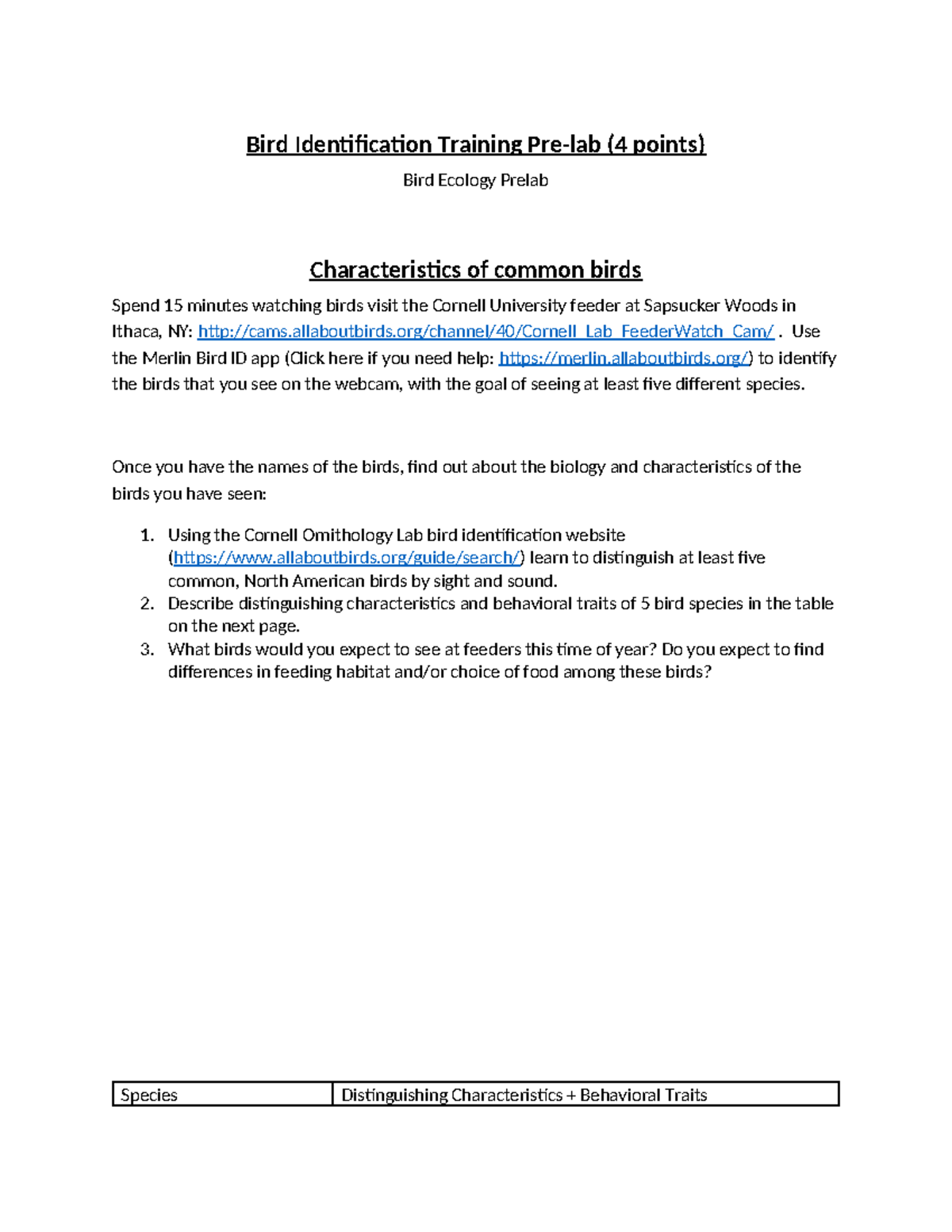 Pre-lab Bird Identification - Bird Identification Training Pre-lab (4 ...
