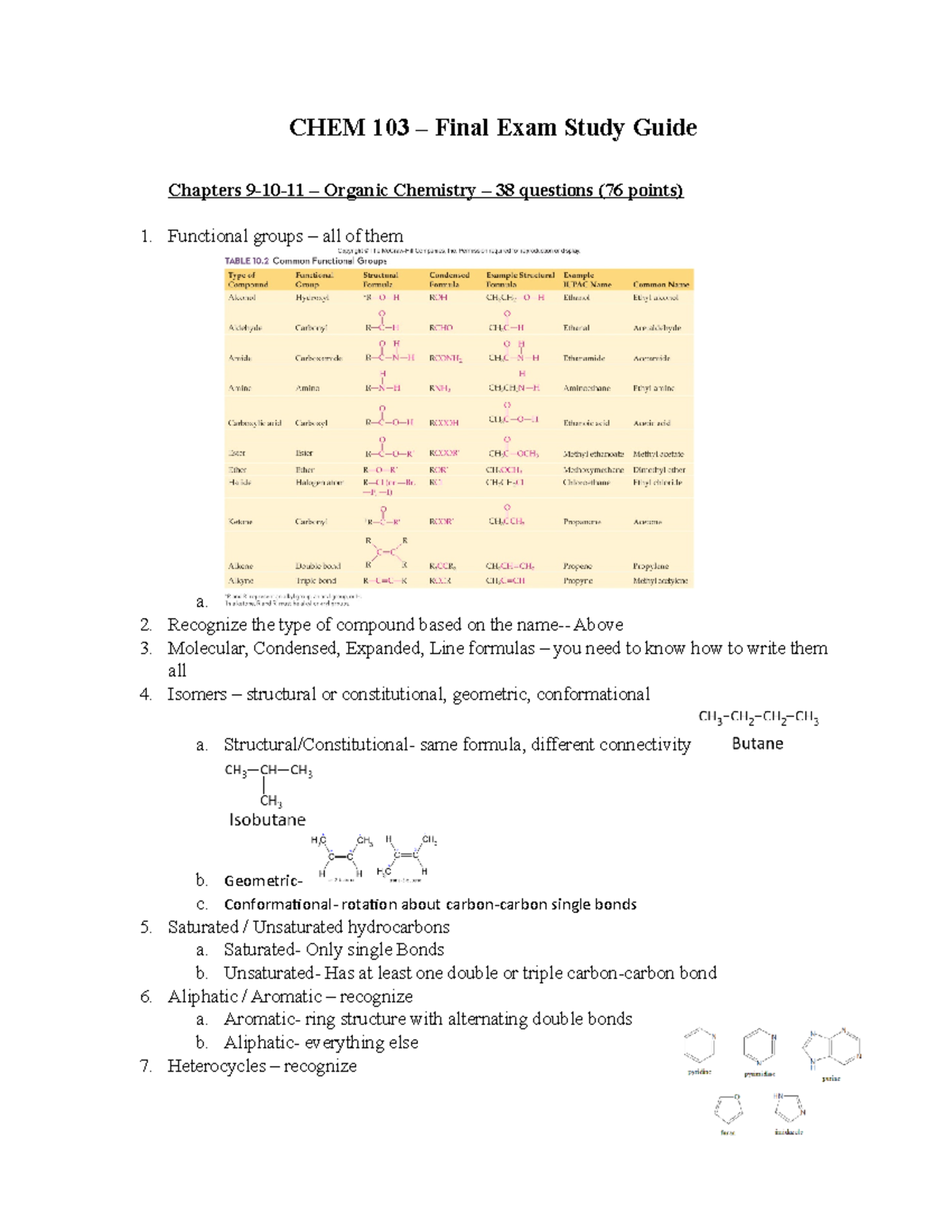 103 Final exam study guide - CHEM 103 – Final Exam Study Guide Chapters 9-10-11 – Organic ...