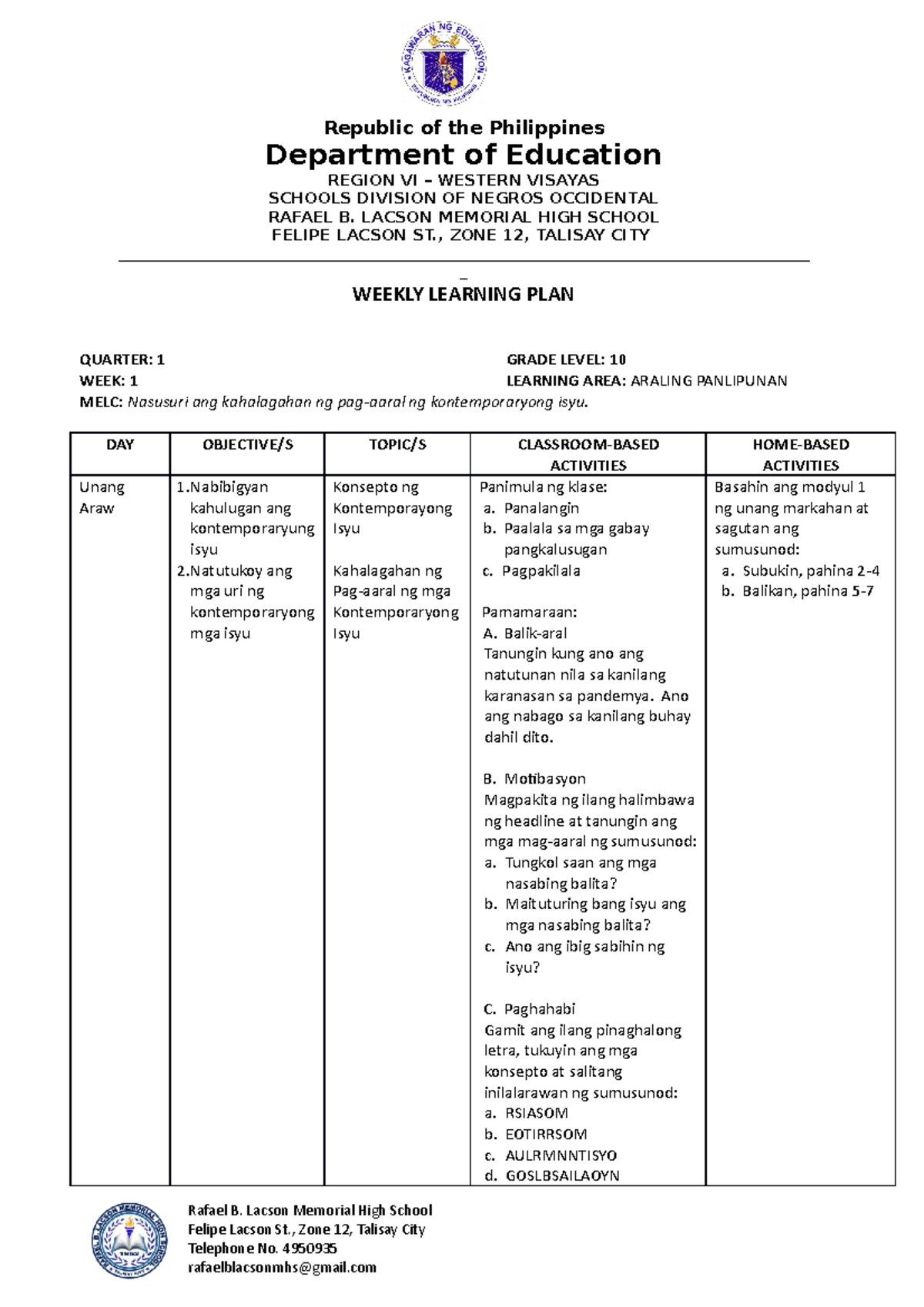 AP10 - WEEKLY HOME LEARNING PLAN - Republic of the Philippines Department of Education REGION VI ...