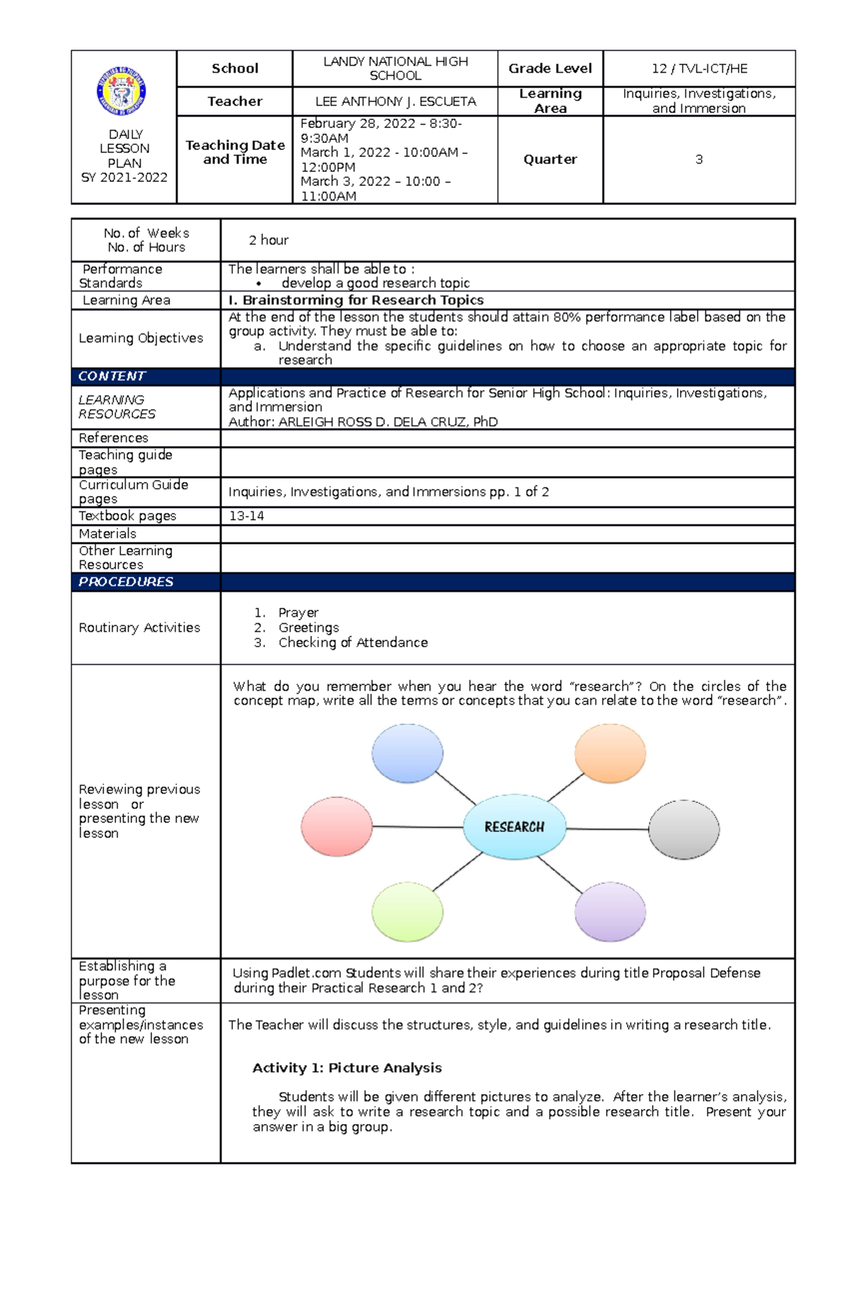 1 Brainstorming of Research Ideas - DAILY LESSON PLAN SY 2021- School ...