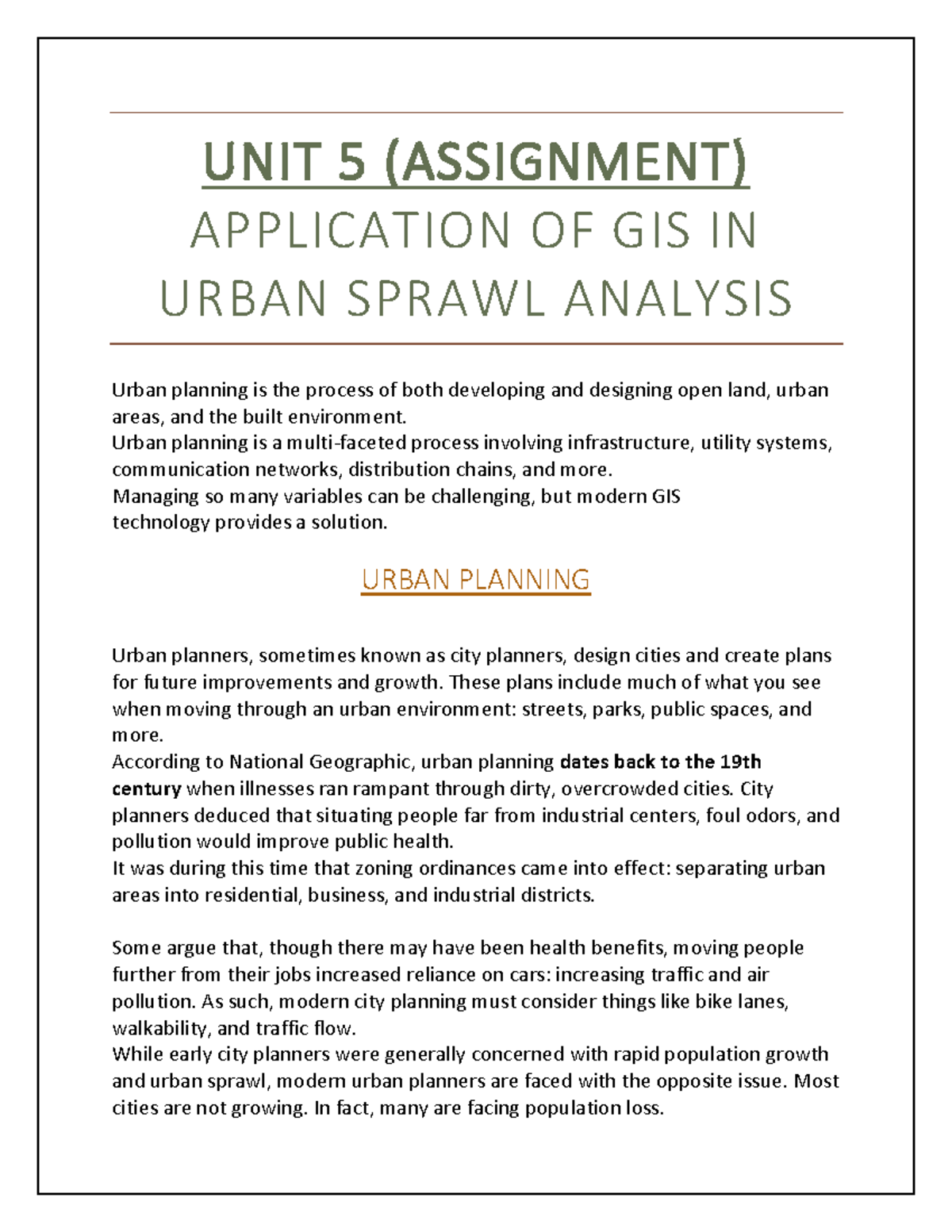 UNIT 5 Application OF GIS Assignment - UNIT 5 (ASSIGNMENT) APPLICATION OF GIS IN URBAN SPRAWL ...
