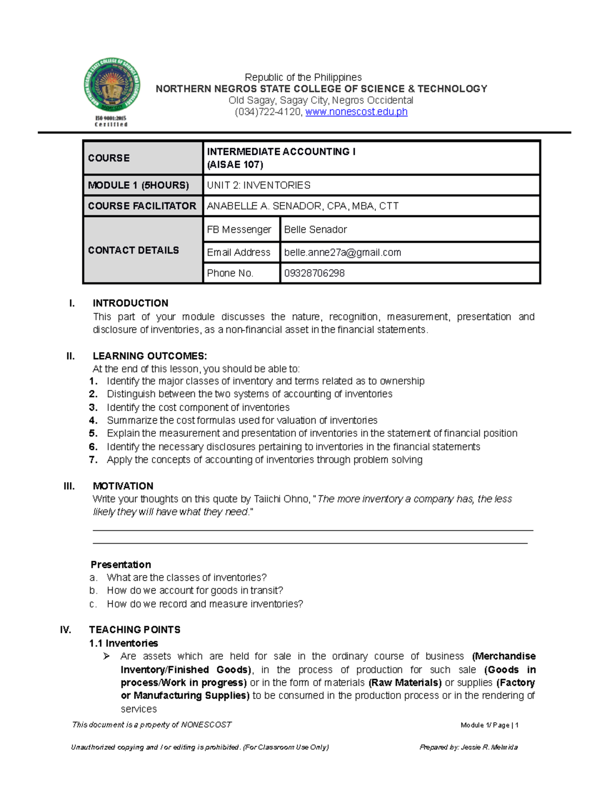 Module 1 L2 Intermediate Acctg 1 Bsais - Republic of the Philippines NORTHERN NEGROS STATE ...