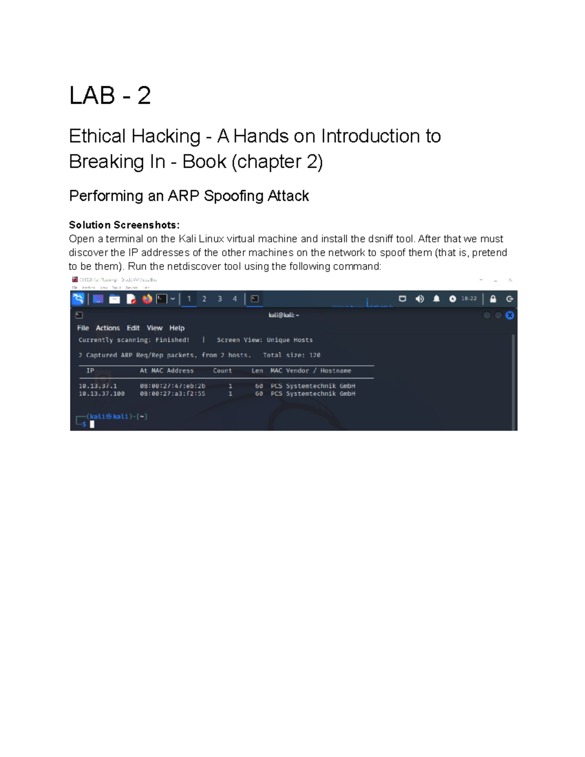 LAB - 2 Capturing Traffic with ARP Spoofing - LAB - 2 Ethical Hacking - A Hands on Introduction ...