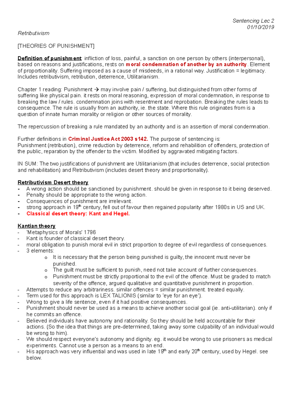 L2 retributivism - Lecture notes 2 - Sentencing Lec 2 01/10 ...