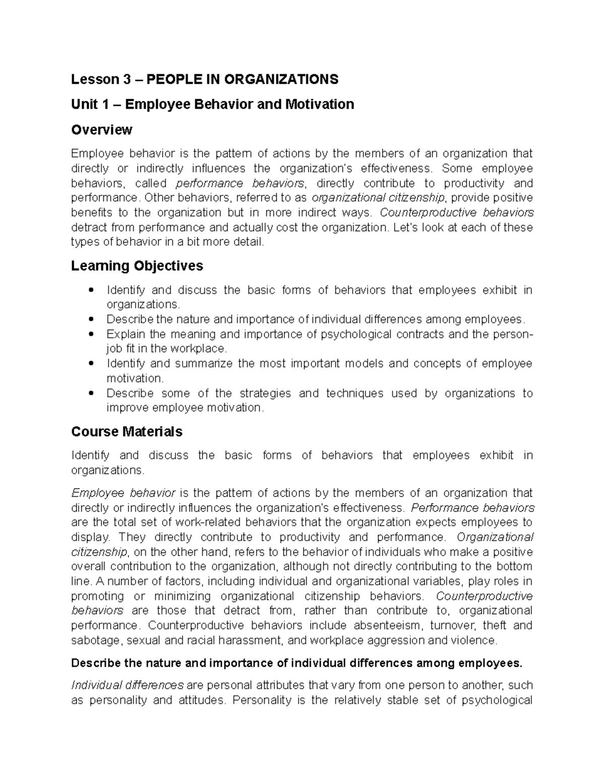 Module 8 Employee Behavior and Motivation - Lesson 3 – PEOPLE IN ...